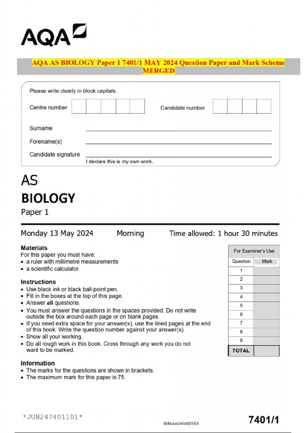 AQA EXAM 2024 Question Paper and Mark Scheme combined (Verified) - AQA ...