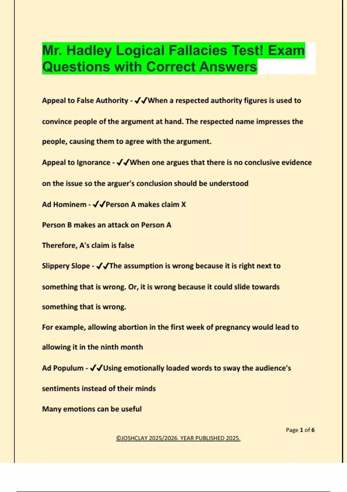 Mr. Hadley Logical Fallacies Test! Exam Questions with Correct Answers ...