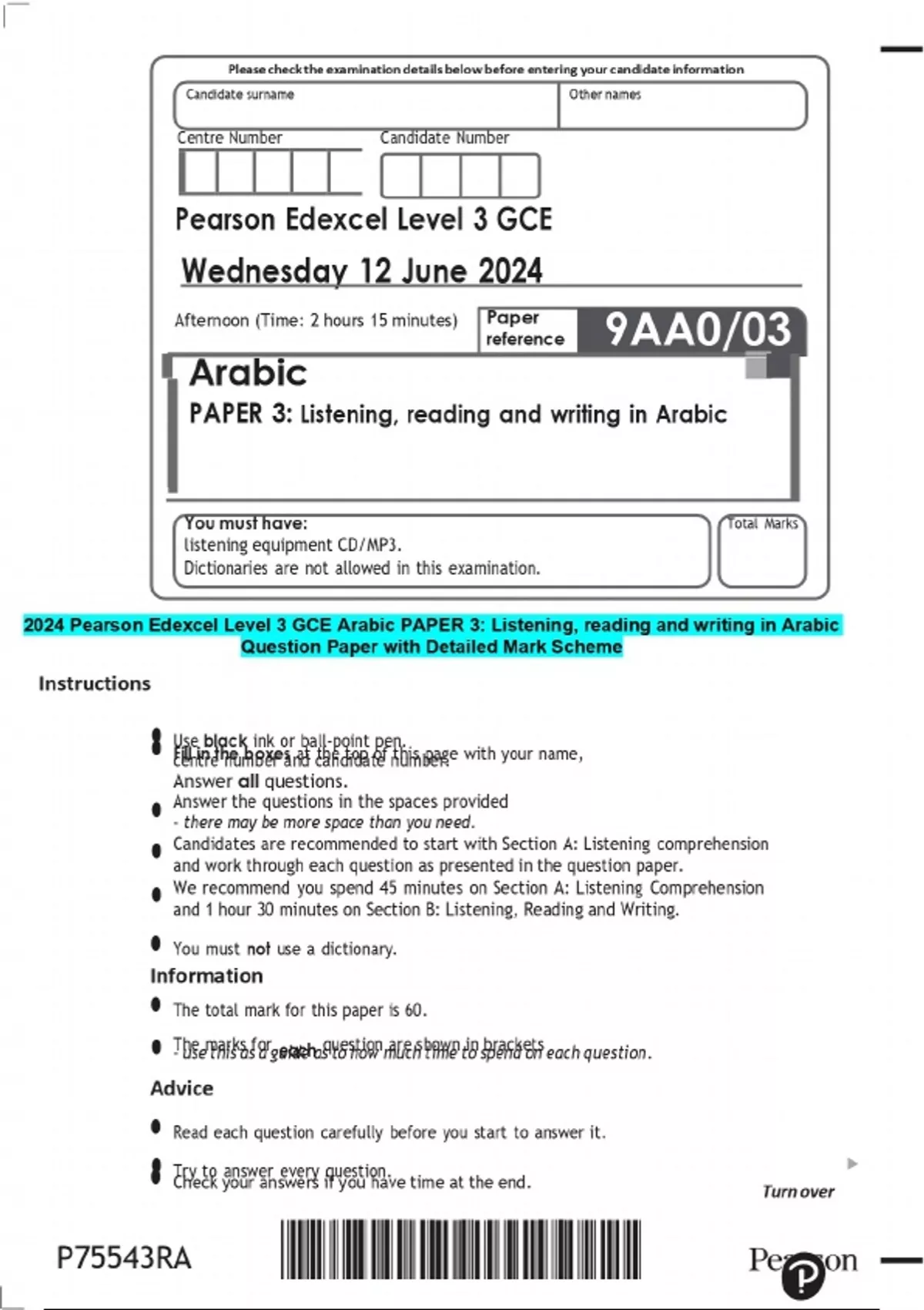 Edexcel Level 3 GCE Arabic PAPER 3: Listening, reading and writing in ...