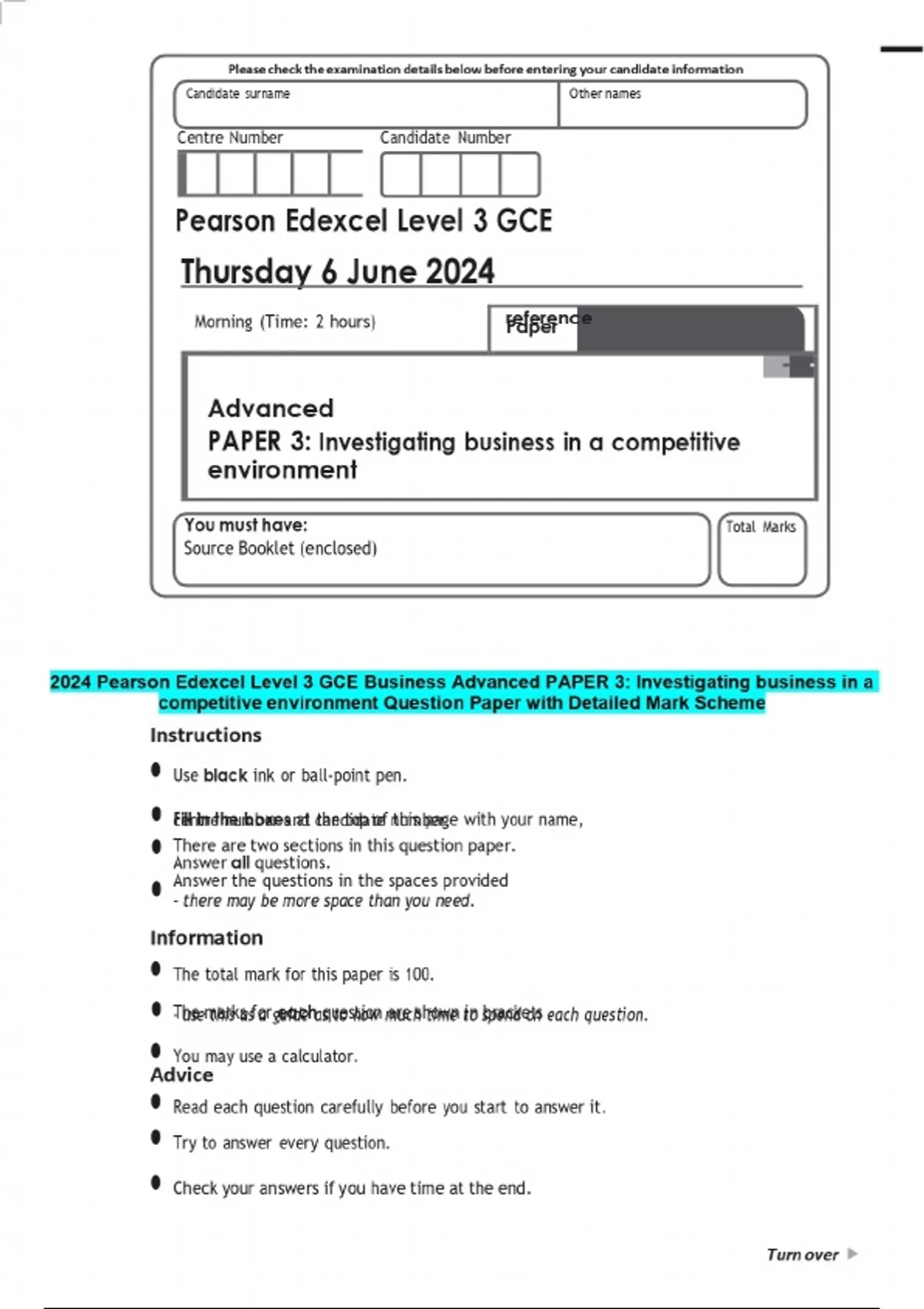 2024 Pearson Edexcel Level 3 GCE Business Advanced PAPER 3: Investigating business in a ...