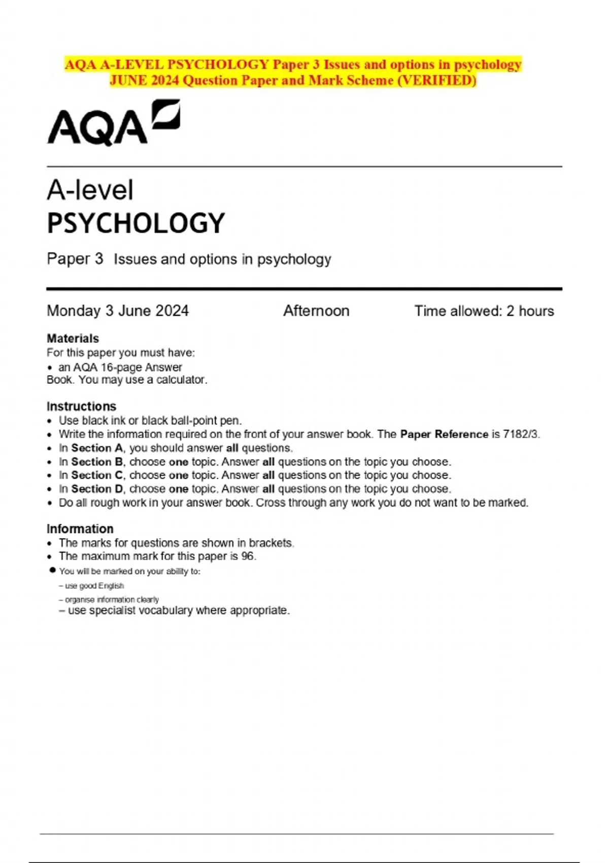 AQA EXAM 2024 Question Paper and Mark Scheme combined (Verified) - AQA ...