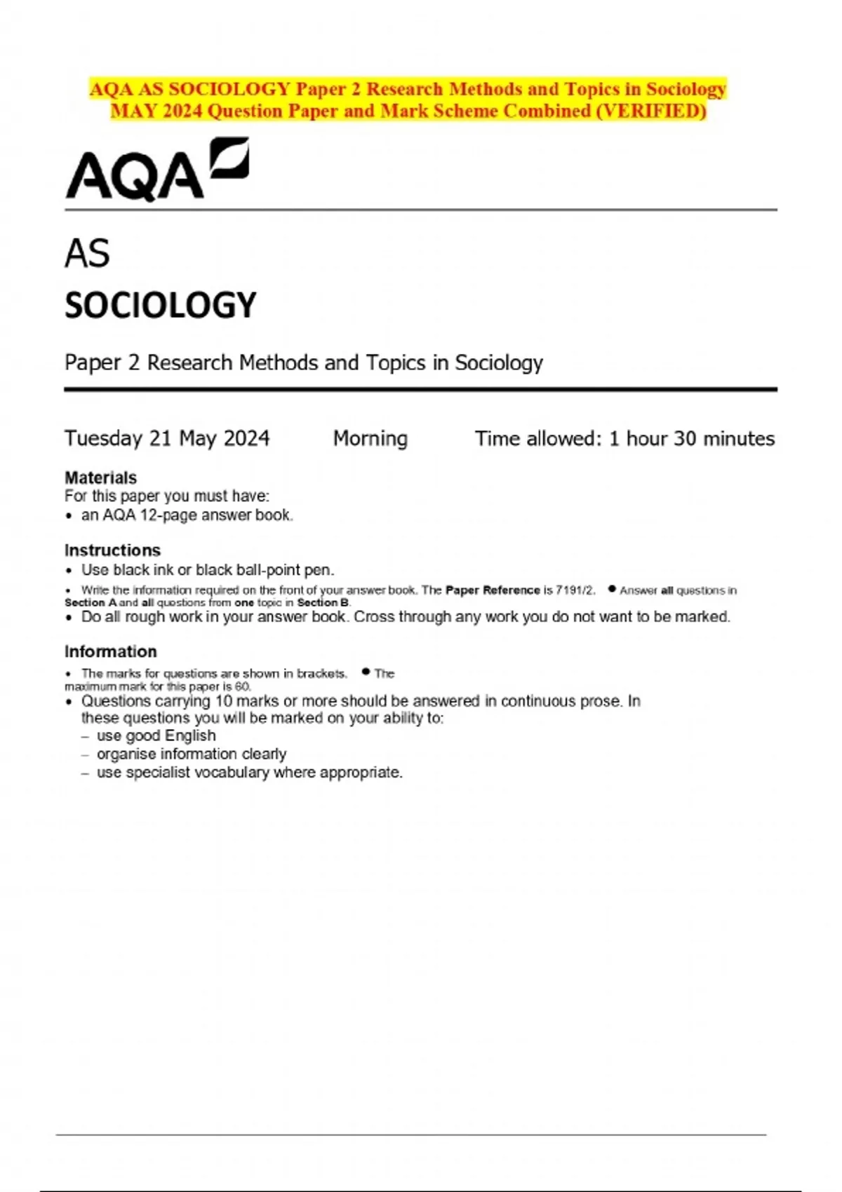 AQA EXAM 2024 Question Paper and Mark Scheme combined (Verified) - AQA ...