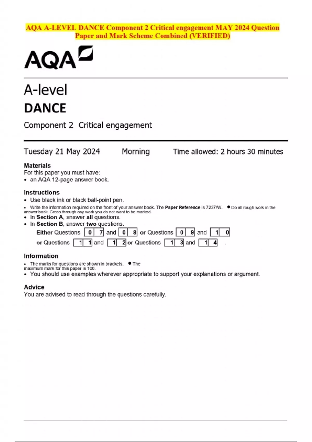AQA EXAM 2024 Question Paper and Mark Scheme combined (Verified) - AQA - Stuvia UK