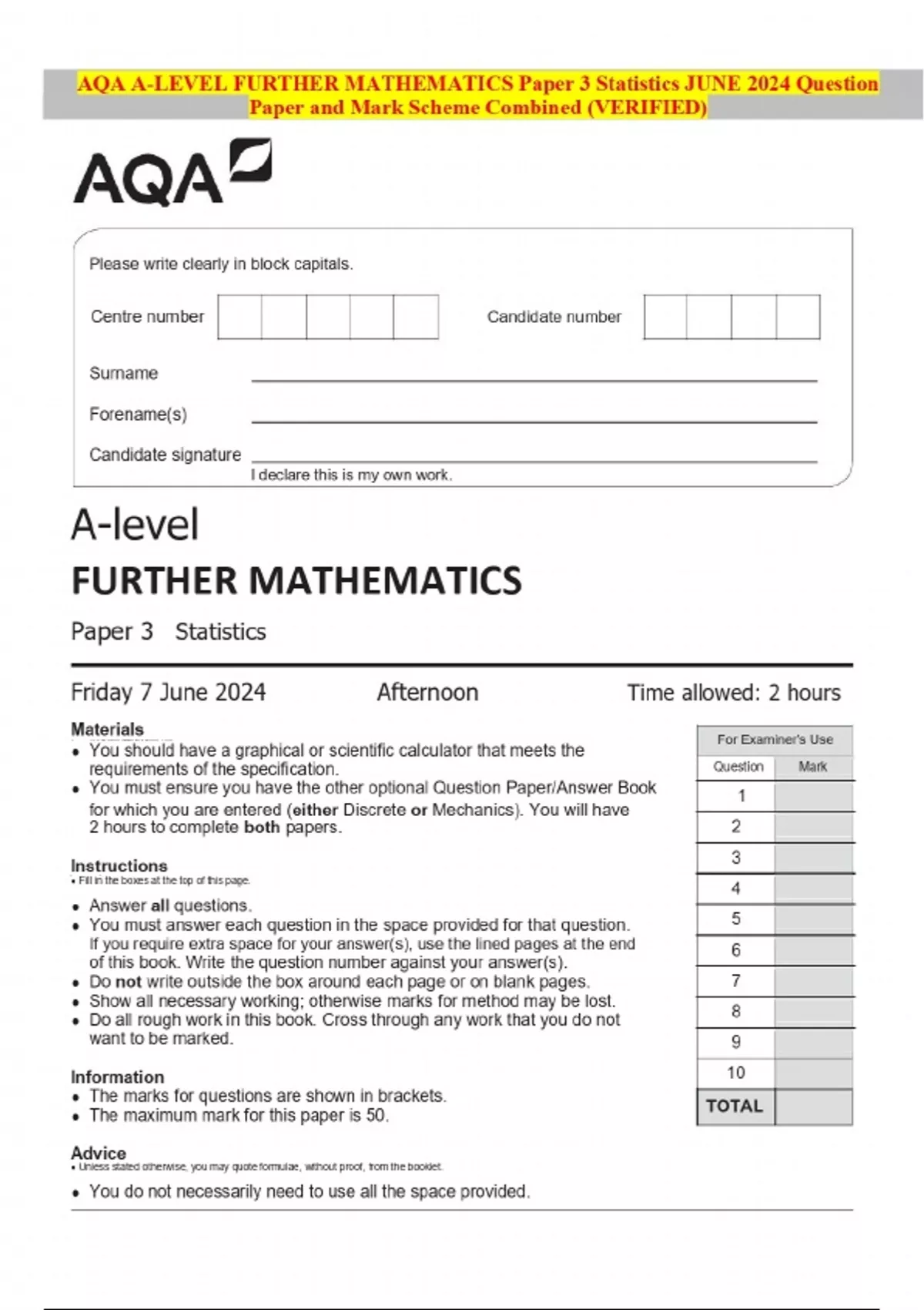 AQA EXAM 2024 Question Paper and Mark Scheme combined (Verified) - AQA ...