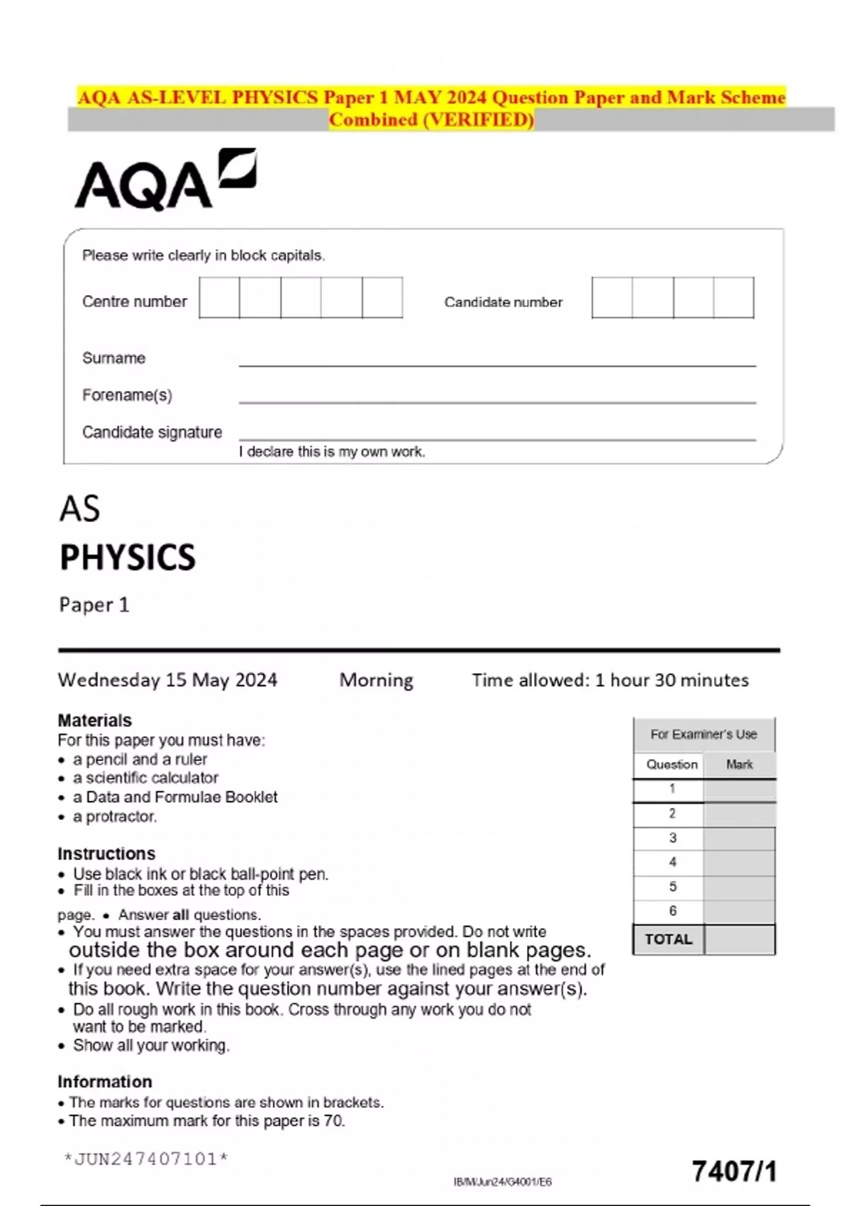 AQA EXAM 2024 Question Paper and Mark Scheme combined (Verified) - AQA ...