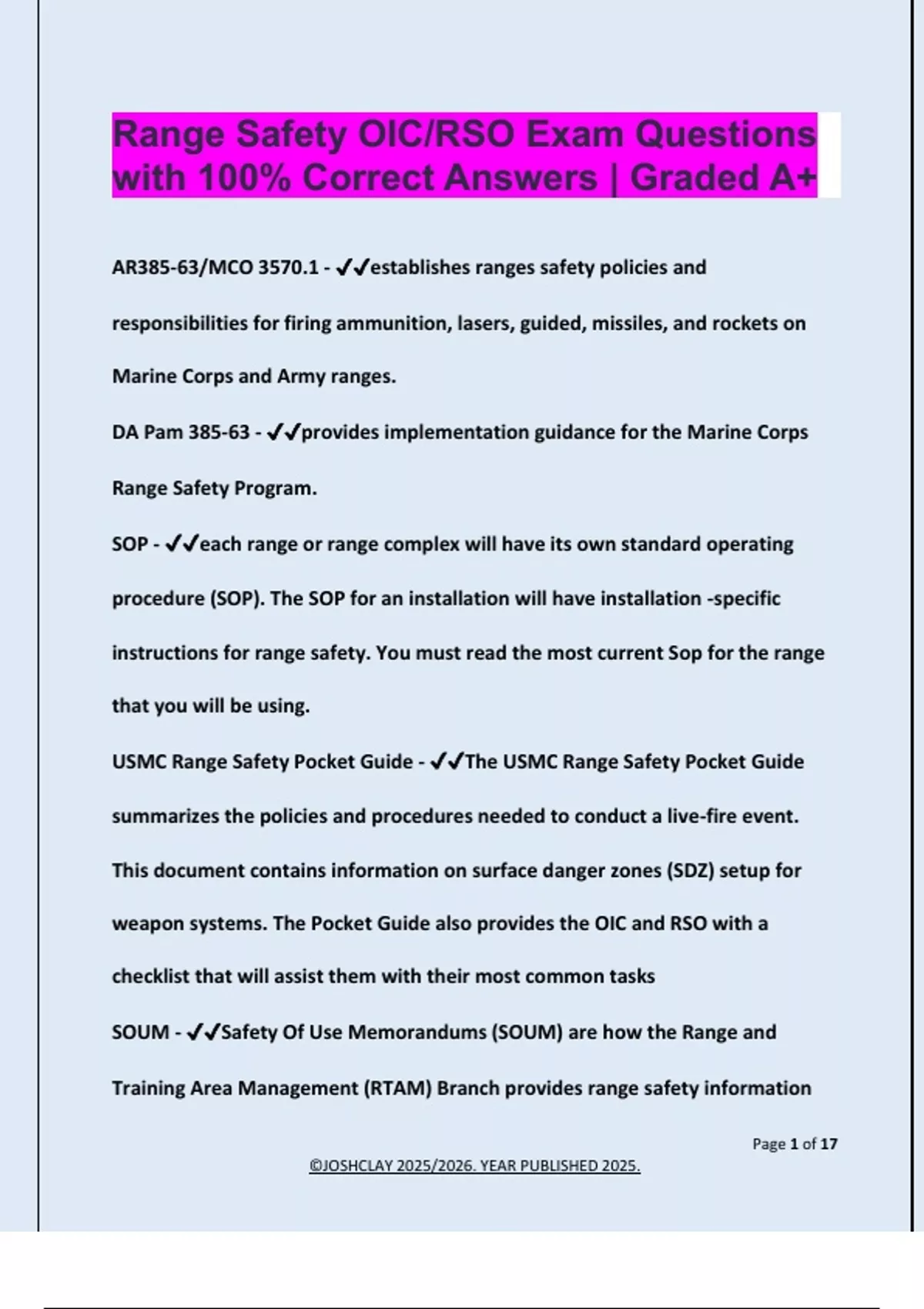 Range Safety OIC/RSO Exam Questions with 100% Correct Answers | Graded ...