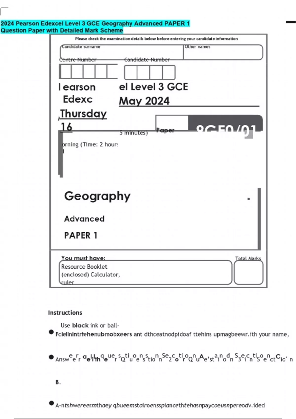 2024 Pearson Edexcel Level 3 GCE Geography Advanced PAPER 1 Question ...
