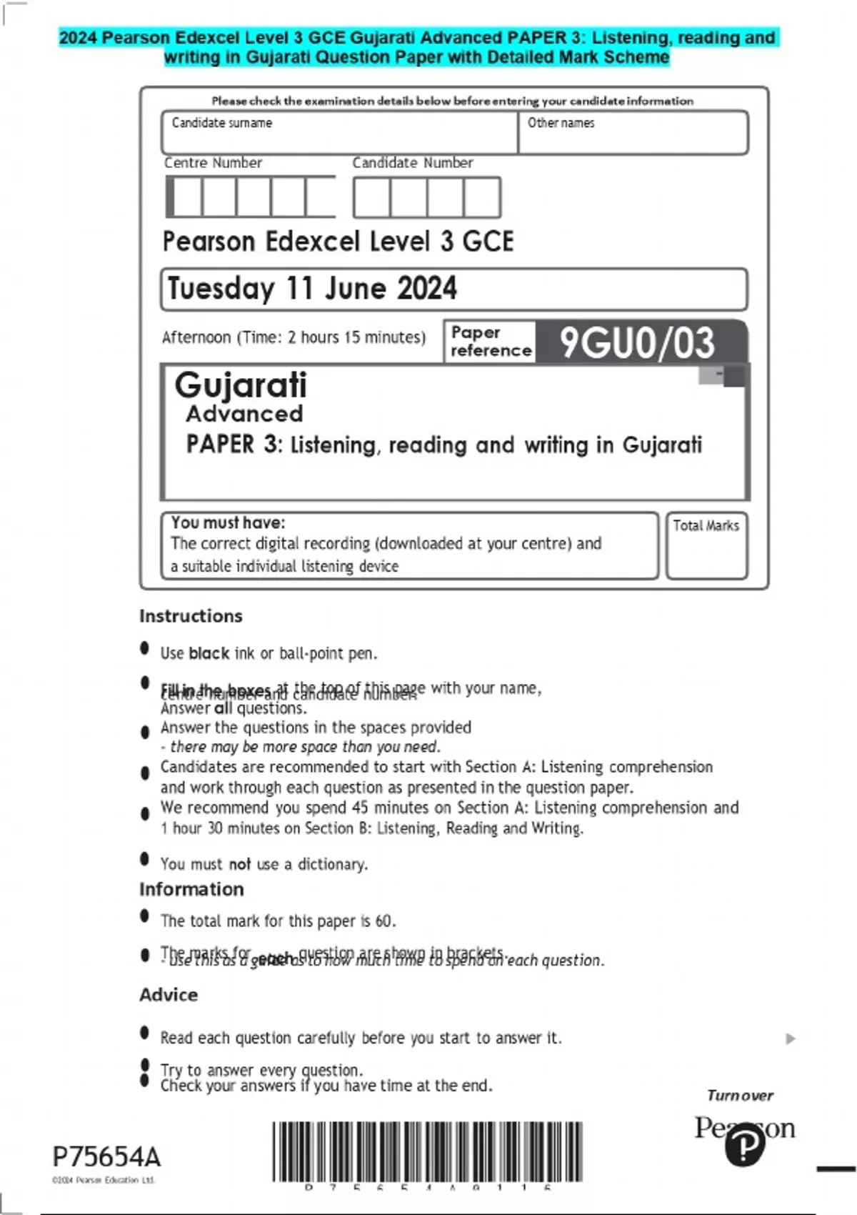 2024 Pearson Edexcel Level 3 GCE Gujarati Advanced PAPER 3: Listening ...