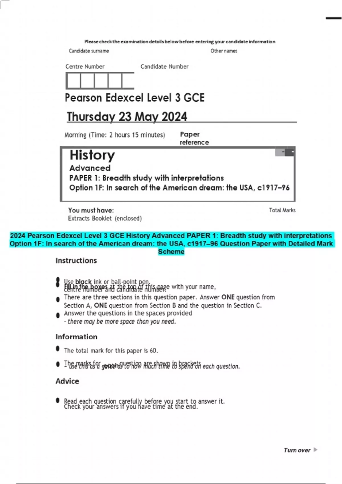 2024 Pearson Edexcel Level 3 GCE History Advanced PAPER 1: Breadth study with interpretations ...