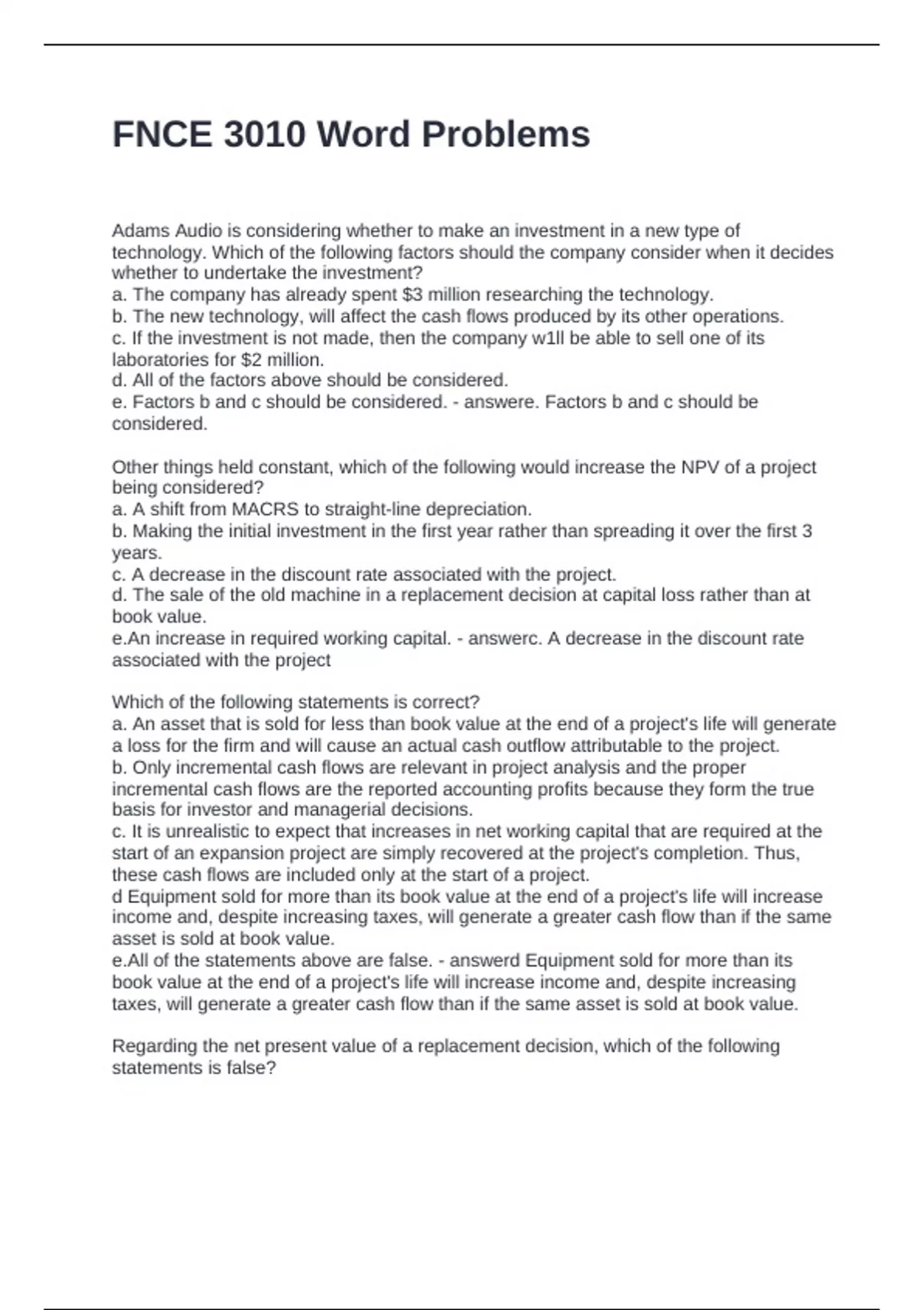 FNCE 3010 Word Problems Questions and Answers 100% Correct - FINE 3010 ...