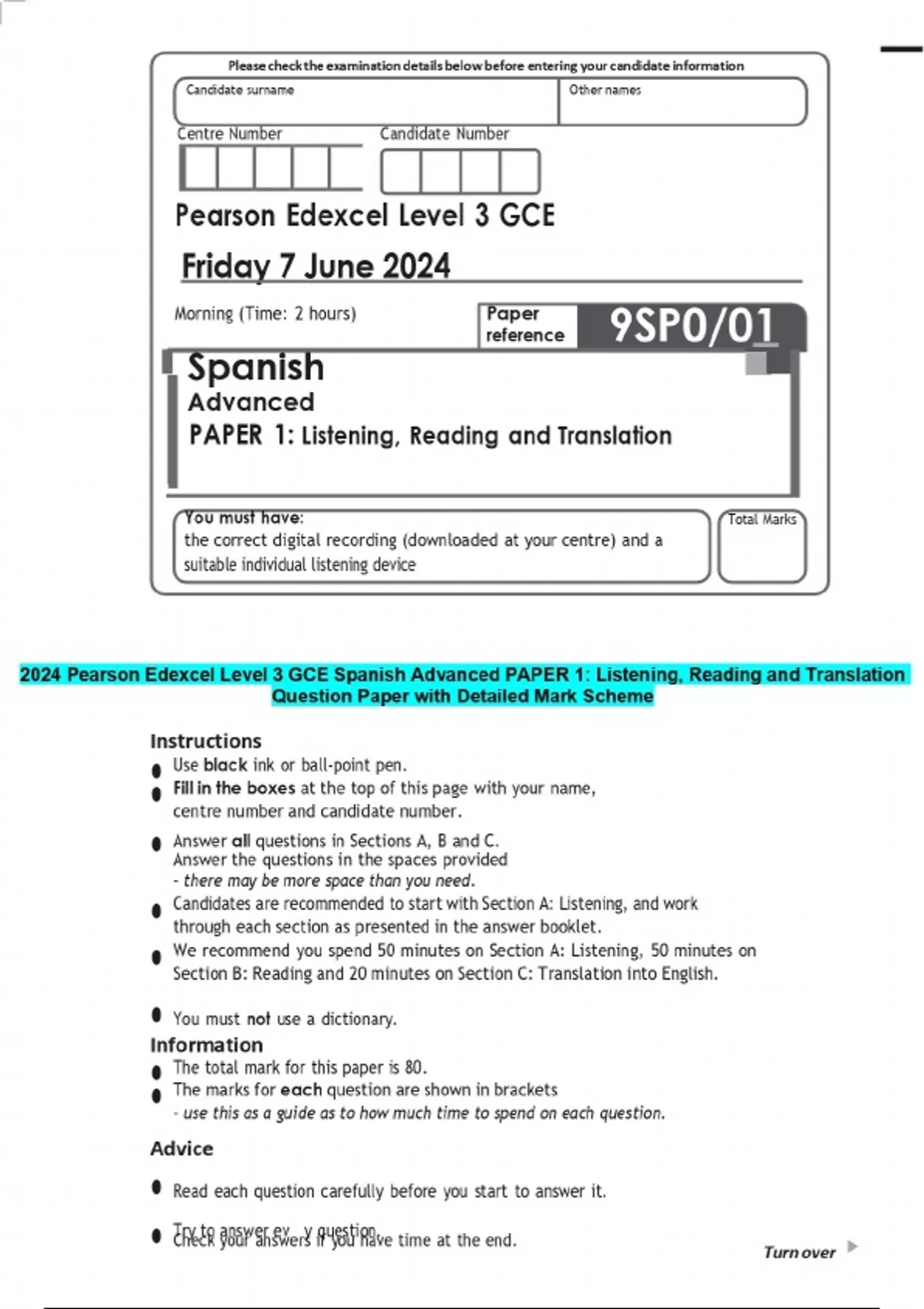 2024 Pearson Edexcel Level 3 GCE Spanish Advanced Question Paper with ...