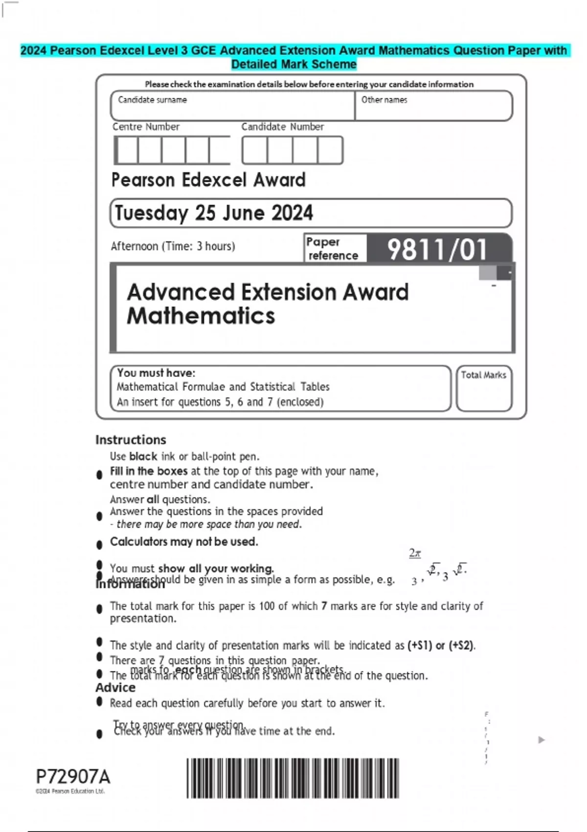 2024 Pearson Edexcel Level 3 GCE Advanced Extension Award Mathematics ...