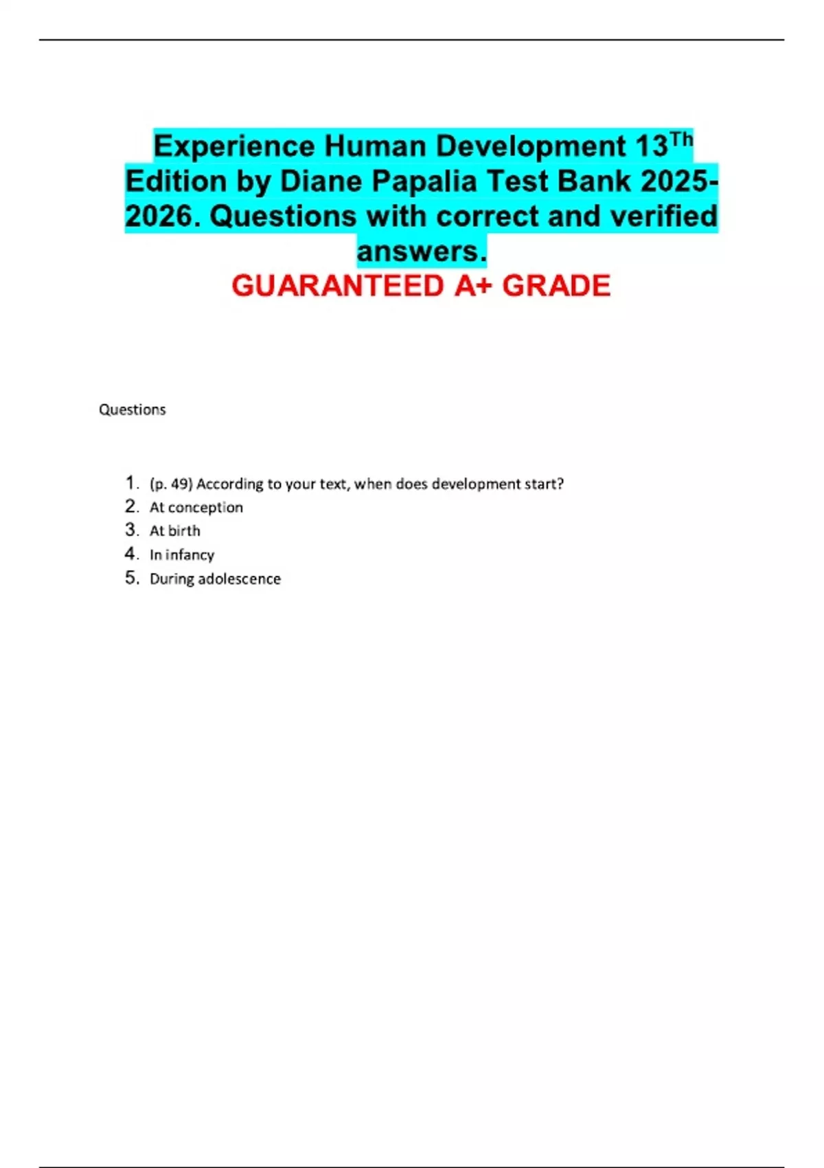 Experience Human Development 13Th Edition By Diane Papalia Test Bank ...