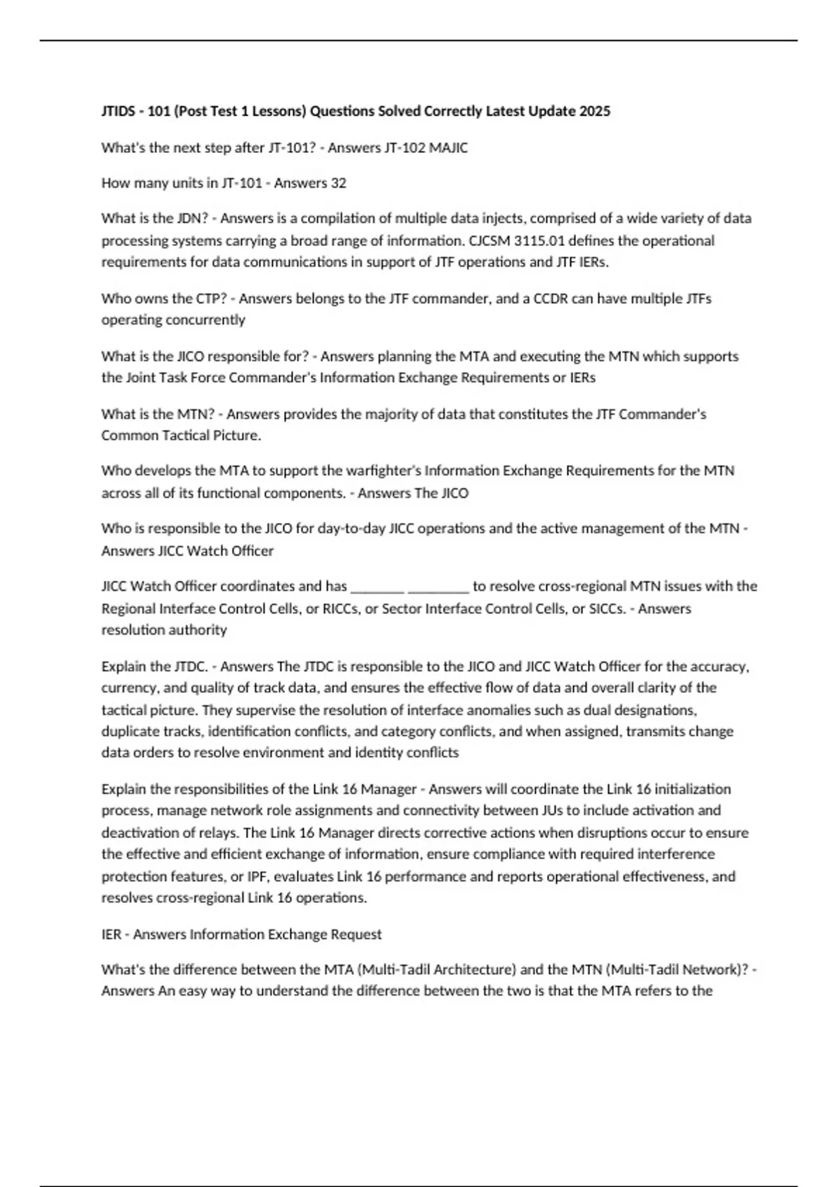 JTIDS - 101 (Post Test 1 Lessons) Questions Solved Correctly Latest ...