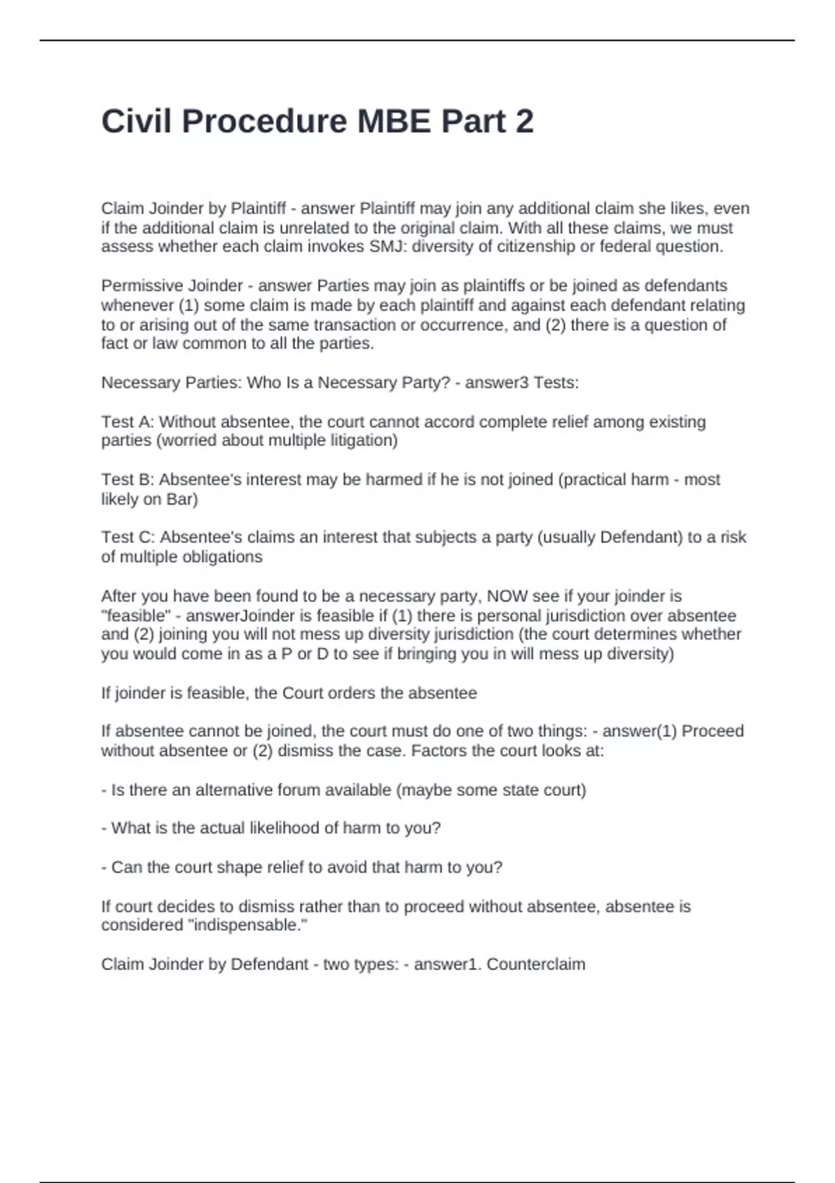 Civil Procedure MBE Part 2 Questions and Answers - MBE civil procedure ...