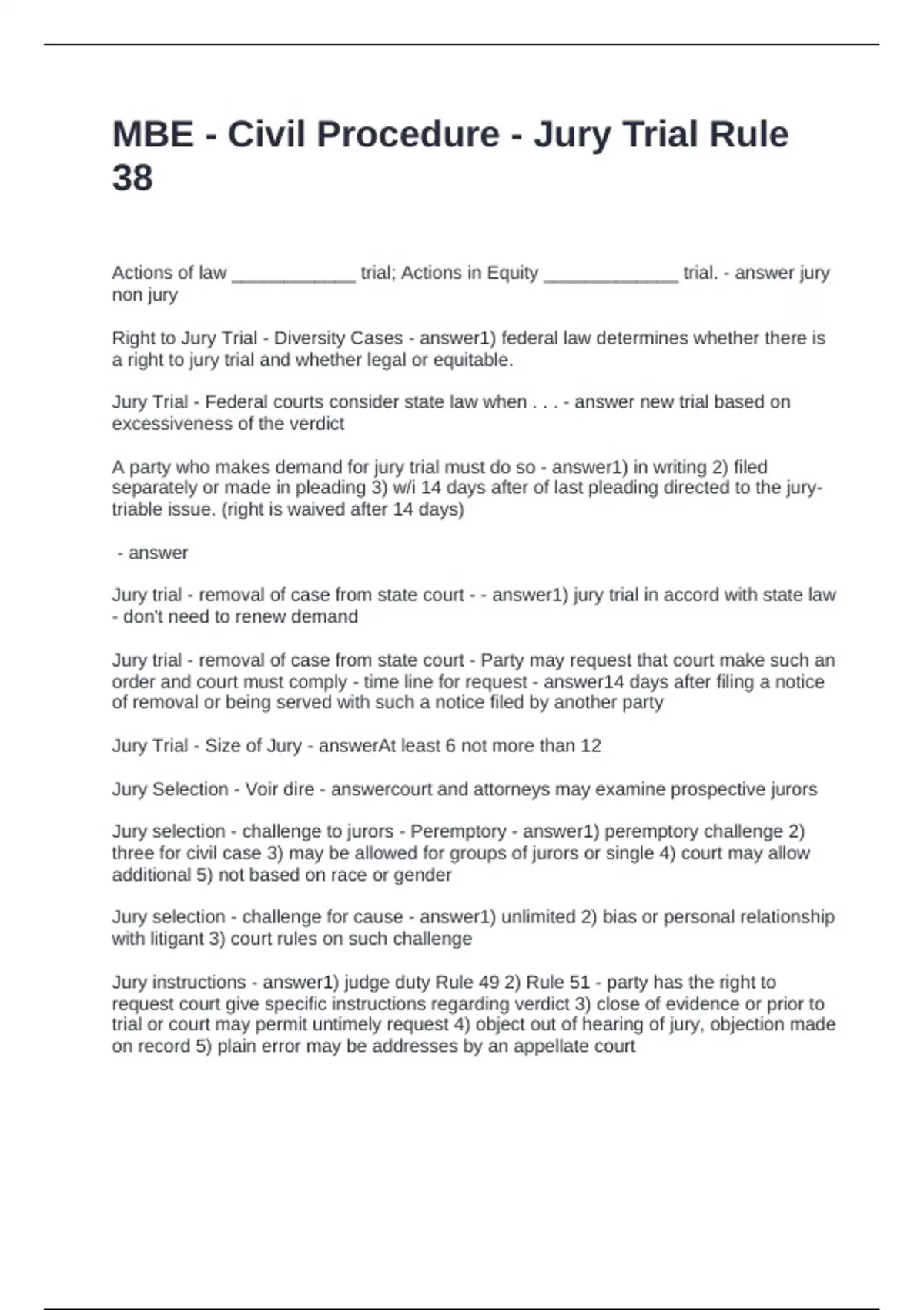 MBE - Civil Procedure - Jury Trial Rule 38 Questions and Answers - MBE ...