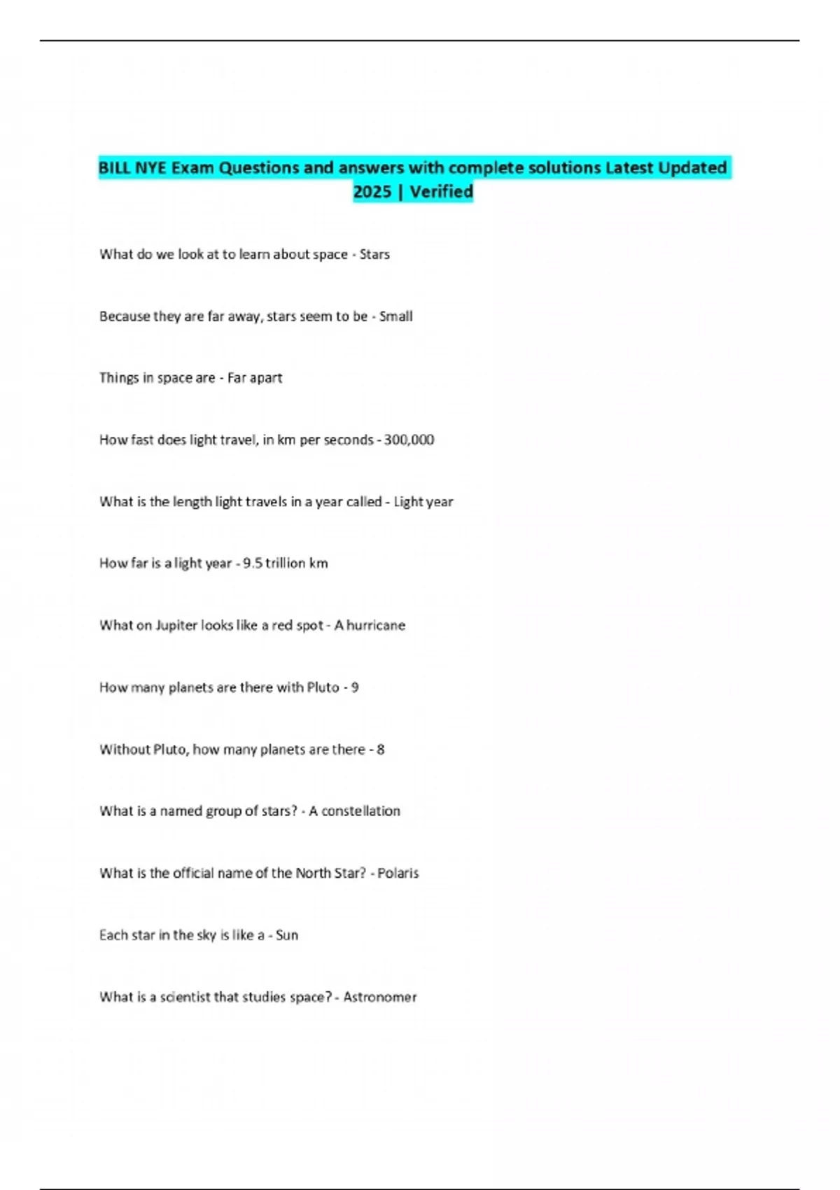 BILL NYE Exam Questions and answers with complete solutions Latest ...