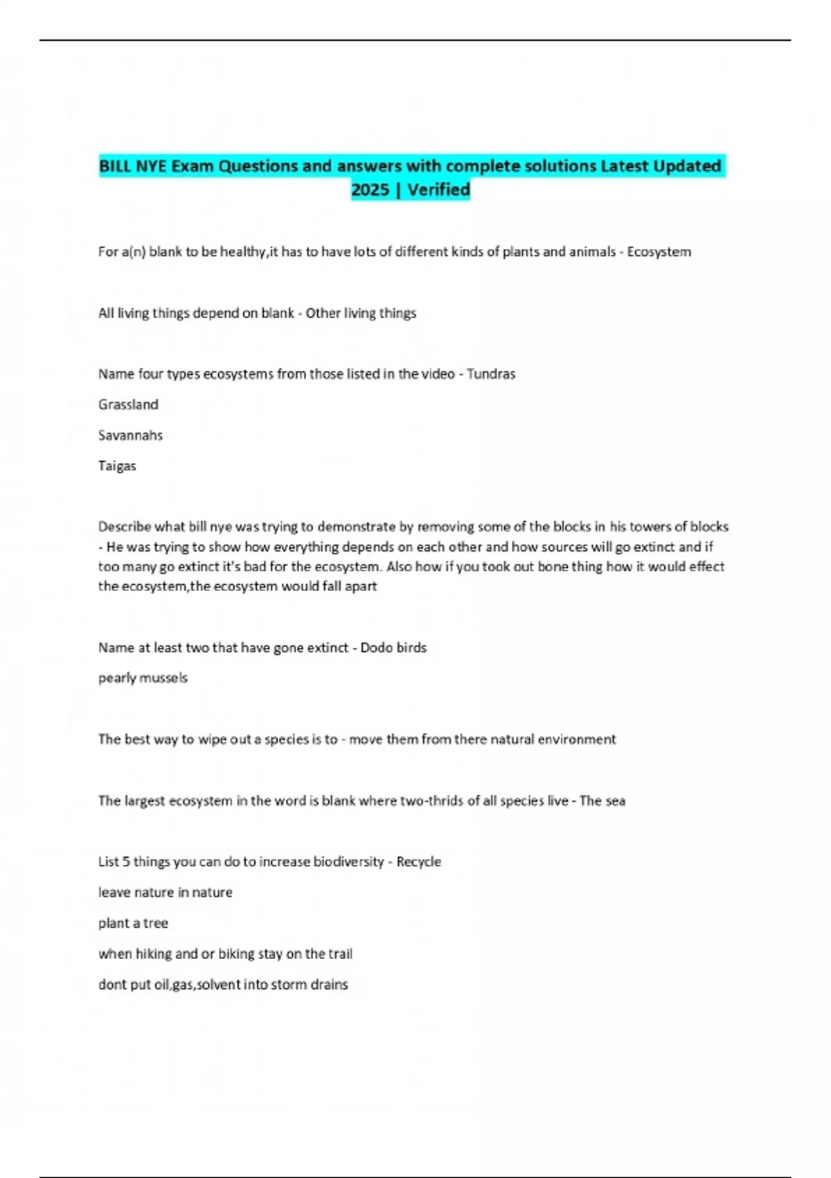 BILL NYE Exam Questions and answers with complete solutions Latest ...