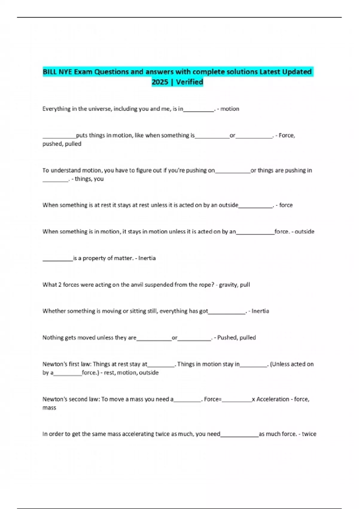 BILL NYE Exam Questions and answers with complete solutions Latest ...