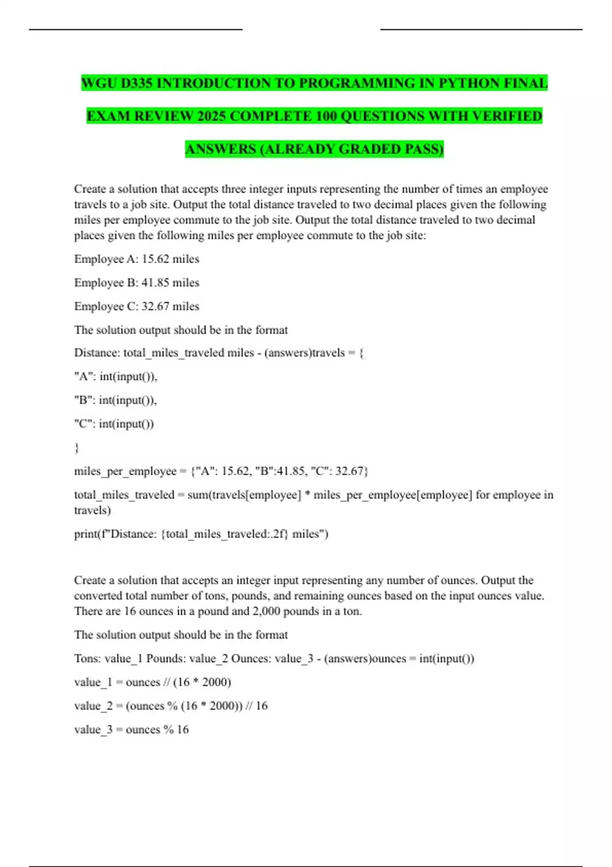 WGU D335 INTRODUCTION TO PROGRAMMING IN PYTHON FINAL EXAM REVIEW 2025 COMPLETE 100 QUESTIONS ...