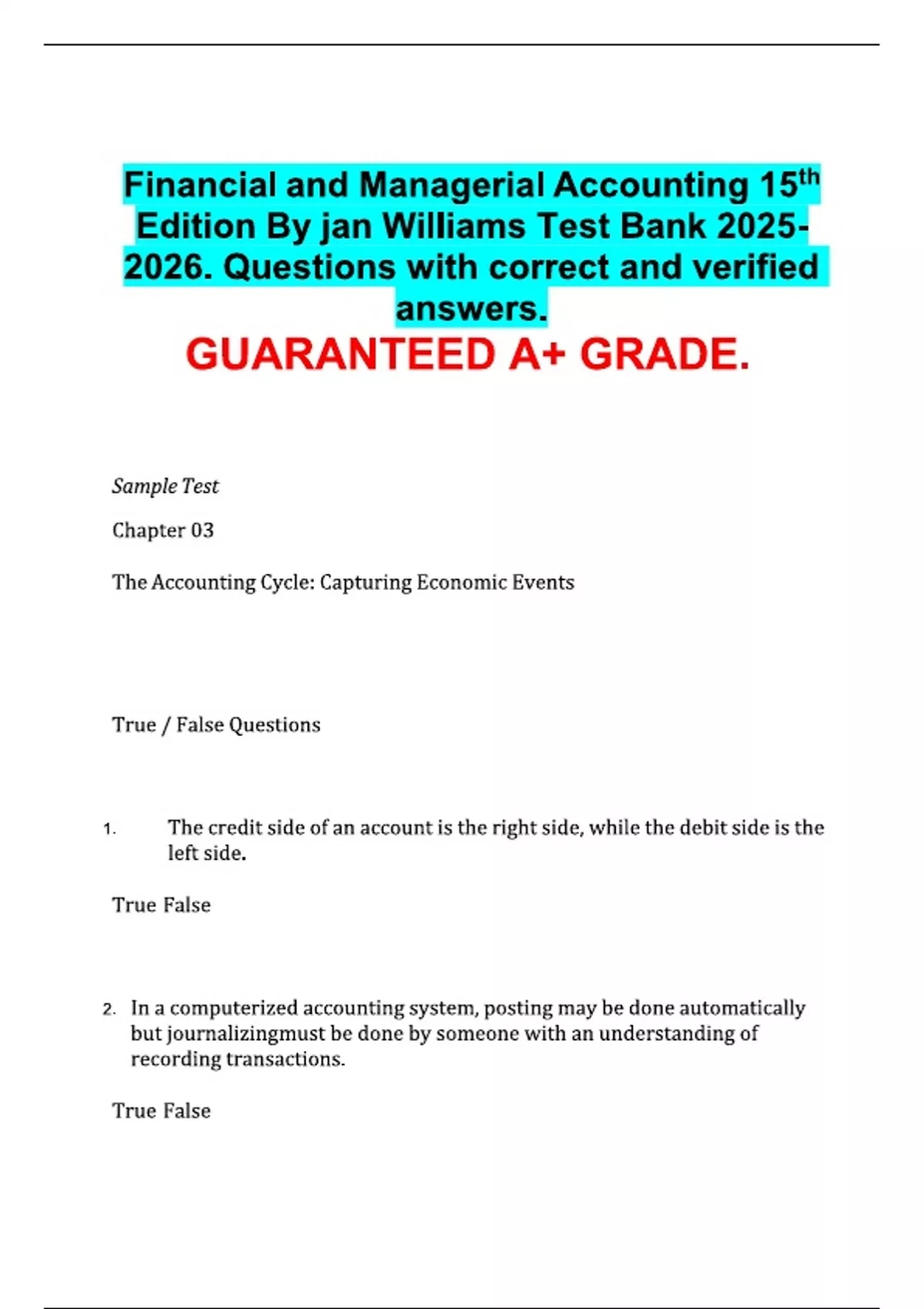 Financial and Managerial Accounting 15th Edition By jan Williams Test ...