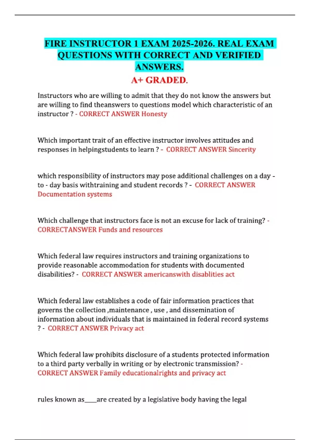 FIRE INSTRUCTOR 1 EXAM . REAL EXAM QUESTIONS WITH CORRECT AND VERIFIED ...