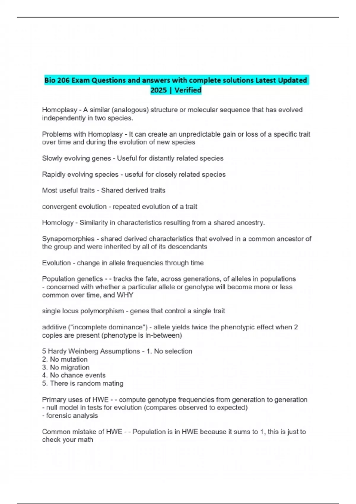 Bio 206 Exam Questions and answers with complete solutions Latest ...
