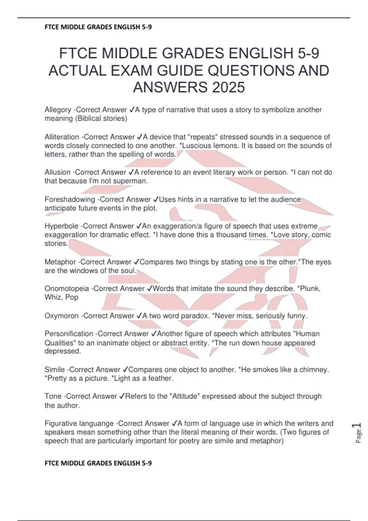 FTCE MIDDLE GRADES ENGLISH 5-9 ACTUAL EXAM GUIDE QUESTIONS AND ANSWERS ...