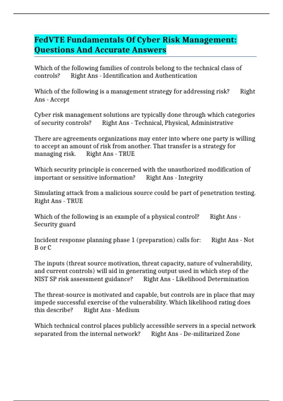 FedVTE Fundamentals Of Cyber Risk Management: Questions And Accurate ...