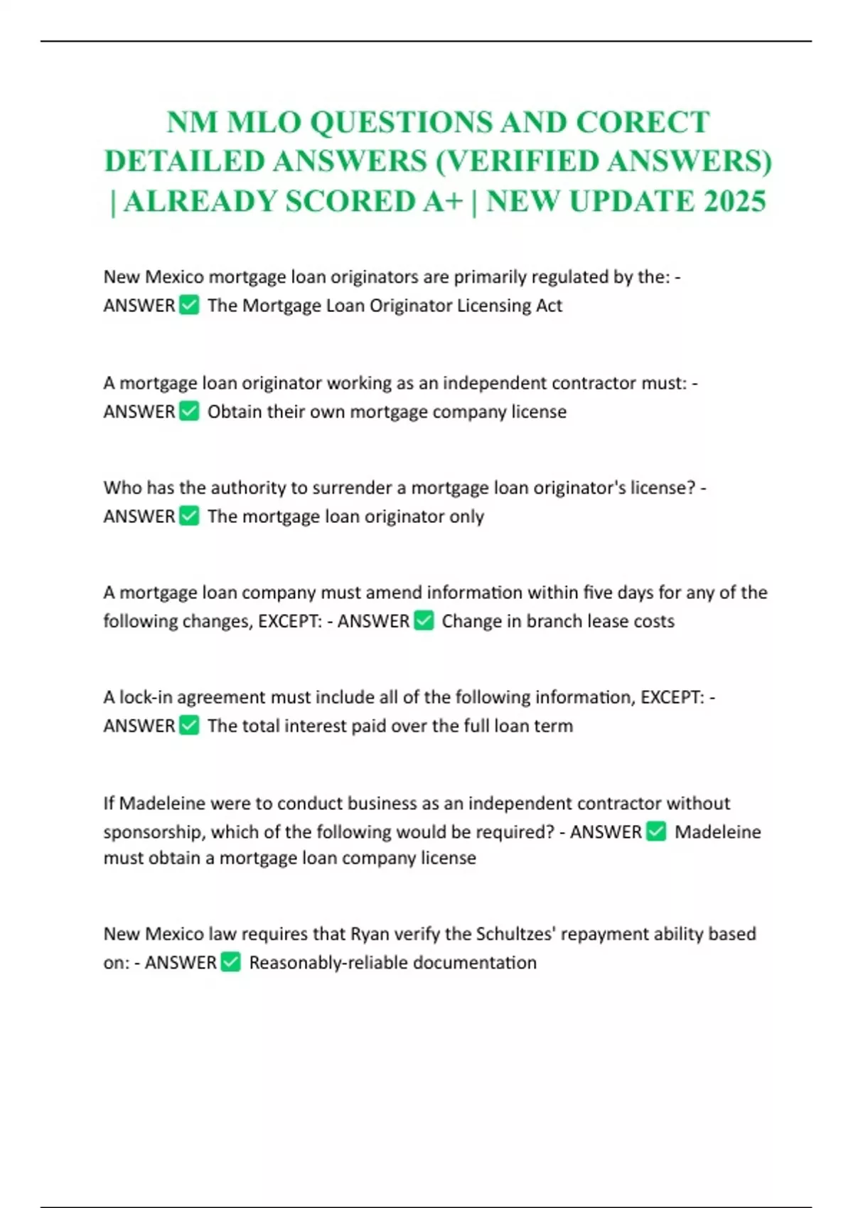 NM MLO QUESTIONS AND CORECT DETAILED ANSWERS (VERIFIED ANSWERS ...