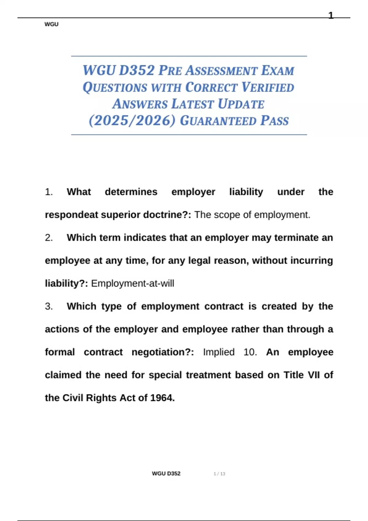 WGU D352 PRE ASSESSMENT EXAM QUESTIONS WITH CORRECT VERIFIED ANSWERS ...
