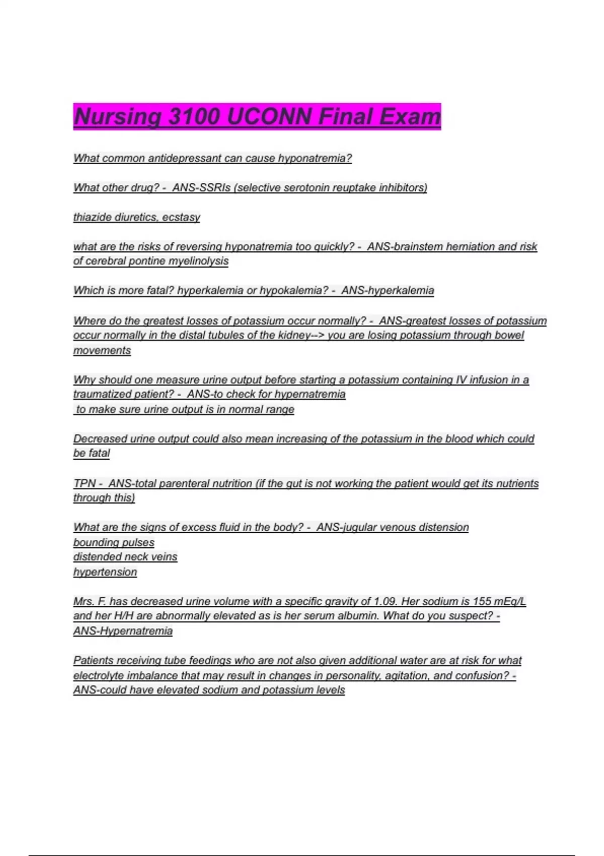 Nursing 3100 UCONN Final Exam Questions and Answers 2025/2026( A+ ...