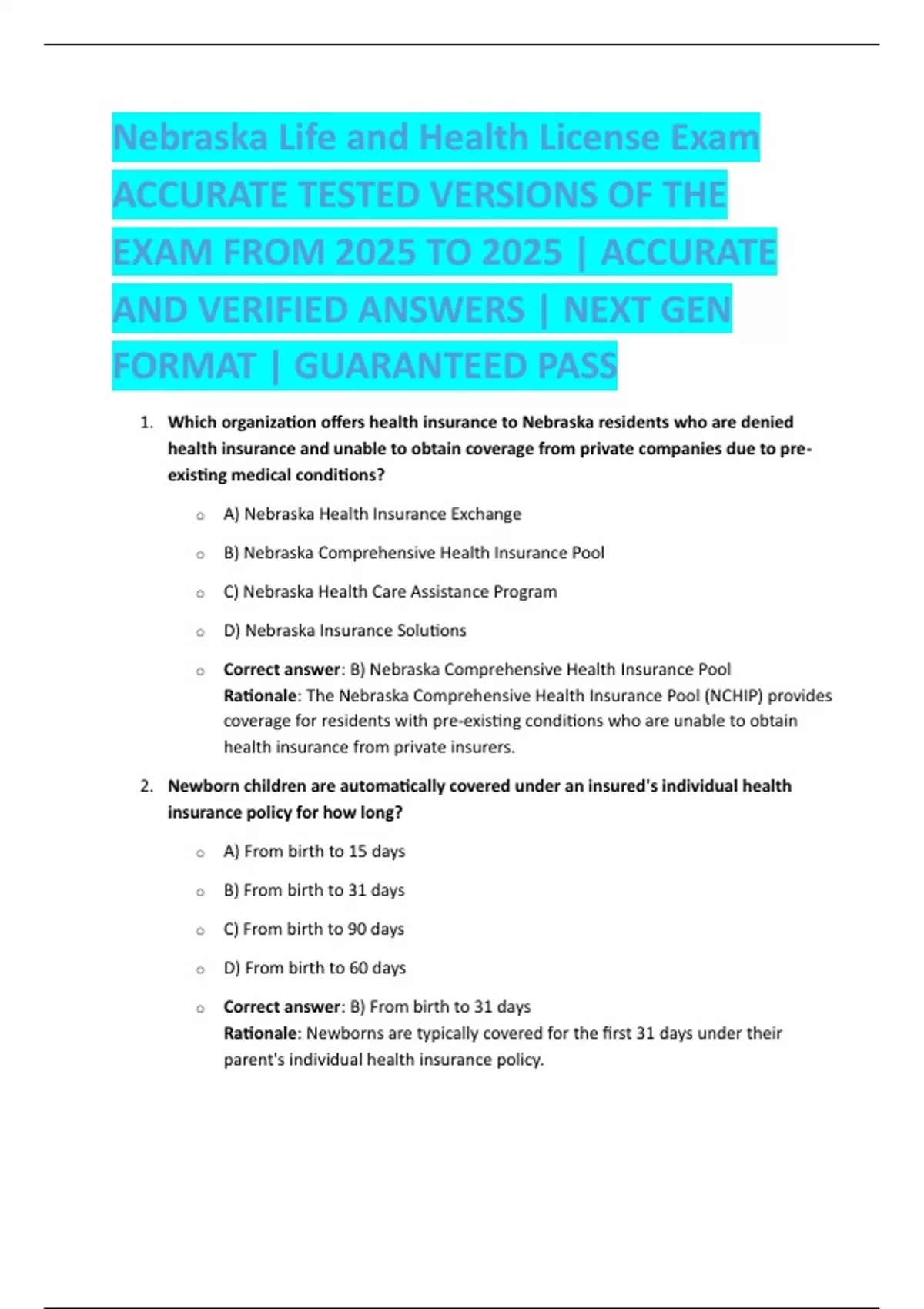 Nebraska Life and Health License Exam ACCURATE TESTED VERSIONS OF THE ...