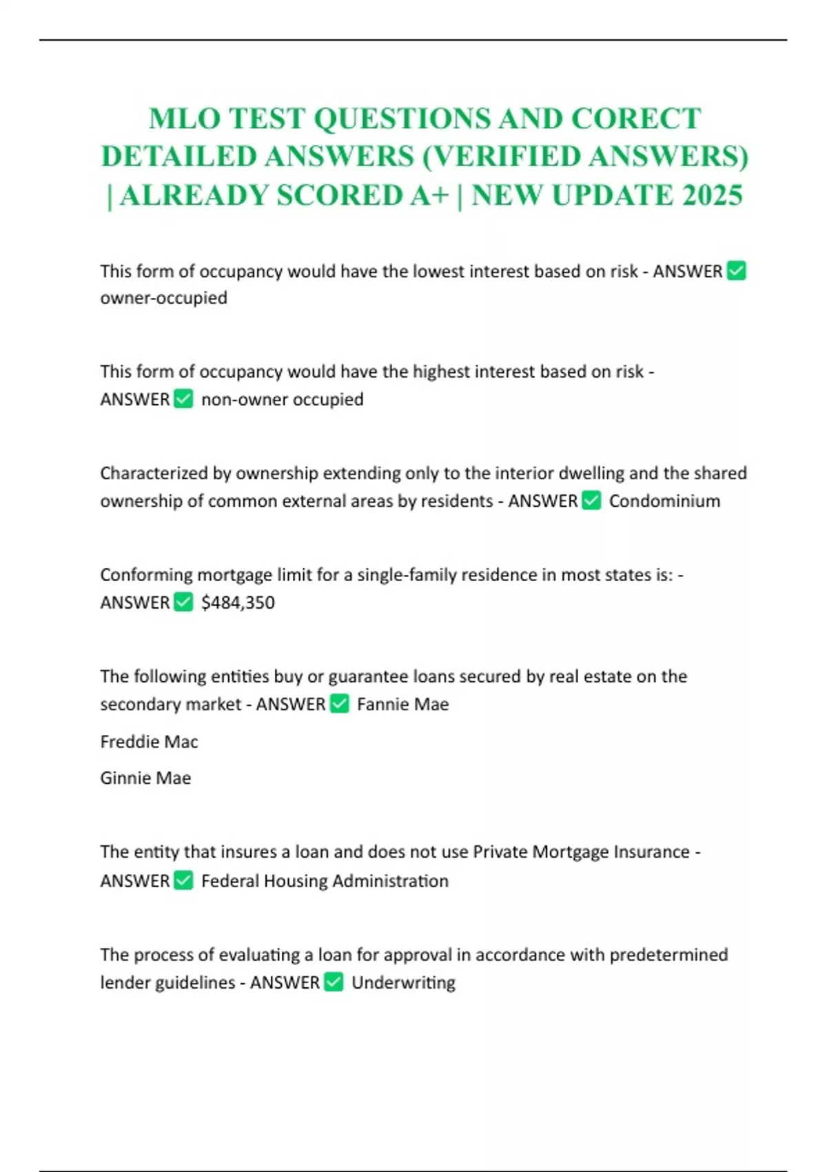 MLO TEST QUESTIONS AND CORECT DETAILED ANSWERS (VERIFIED ANSWERS ...