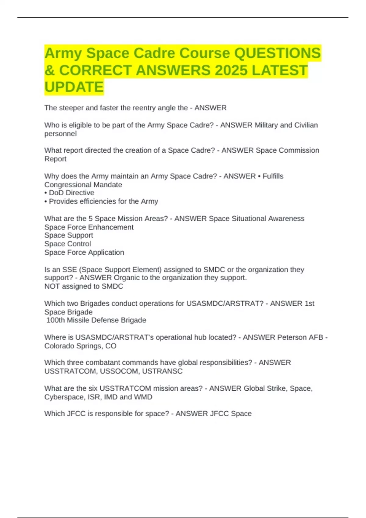 Army Space Cadre Course QUESTIONS & CORRECT ANSWERS 2025 LATEST UPDATE ...