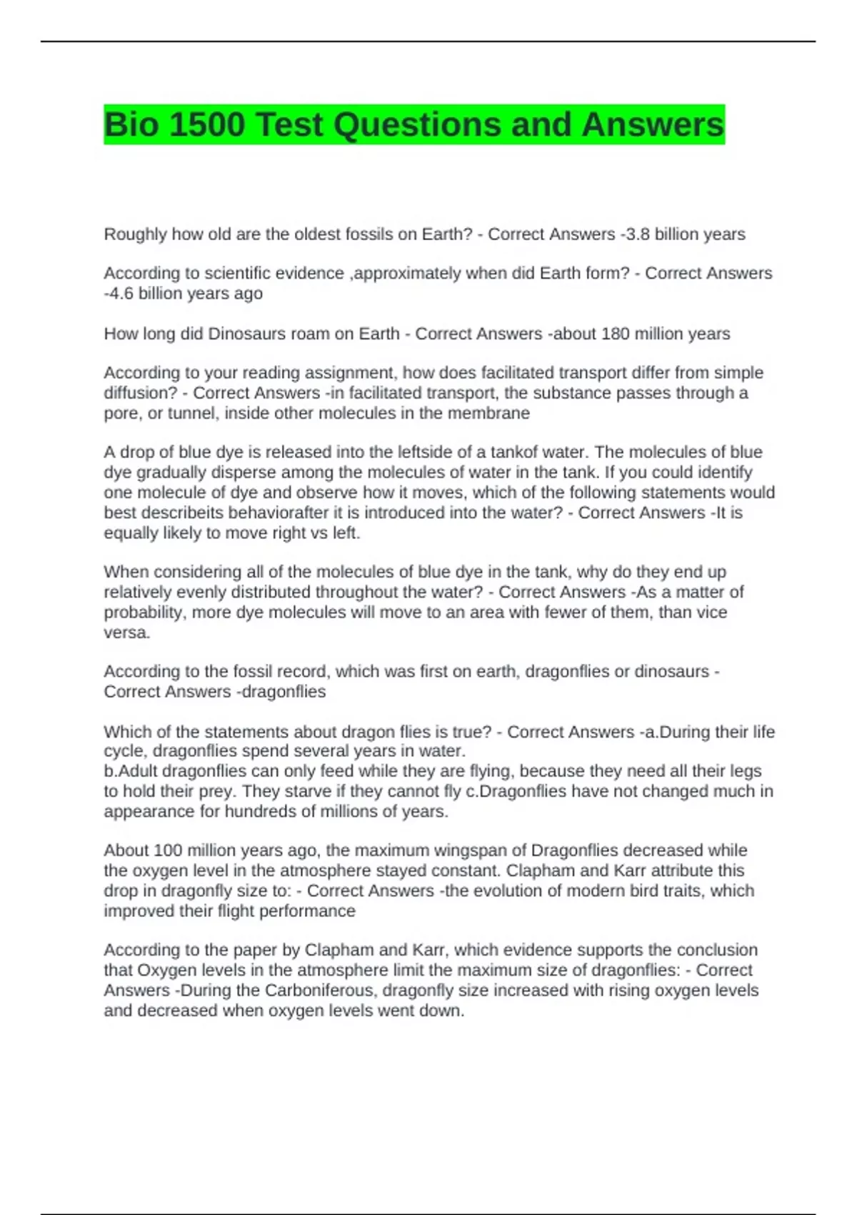 Bio 1500 Test Questions and Answers - Bio 1500 - Stuvia US