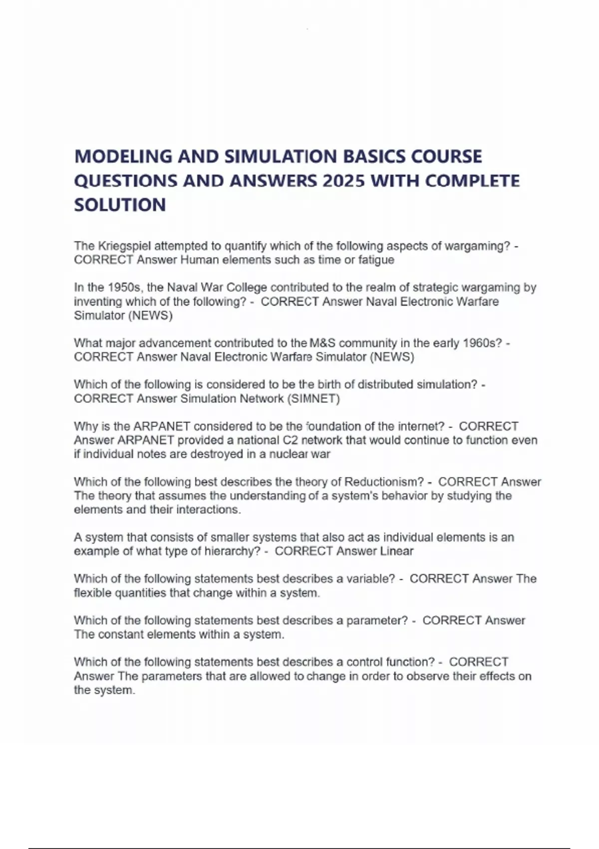 Modeling And Simulation Basics Course Questions And Answers 2025 With Complete Solution