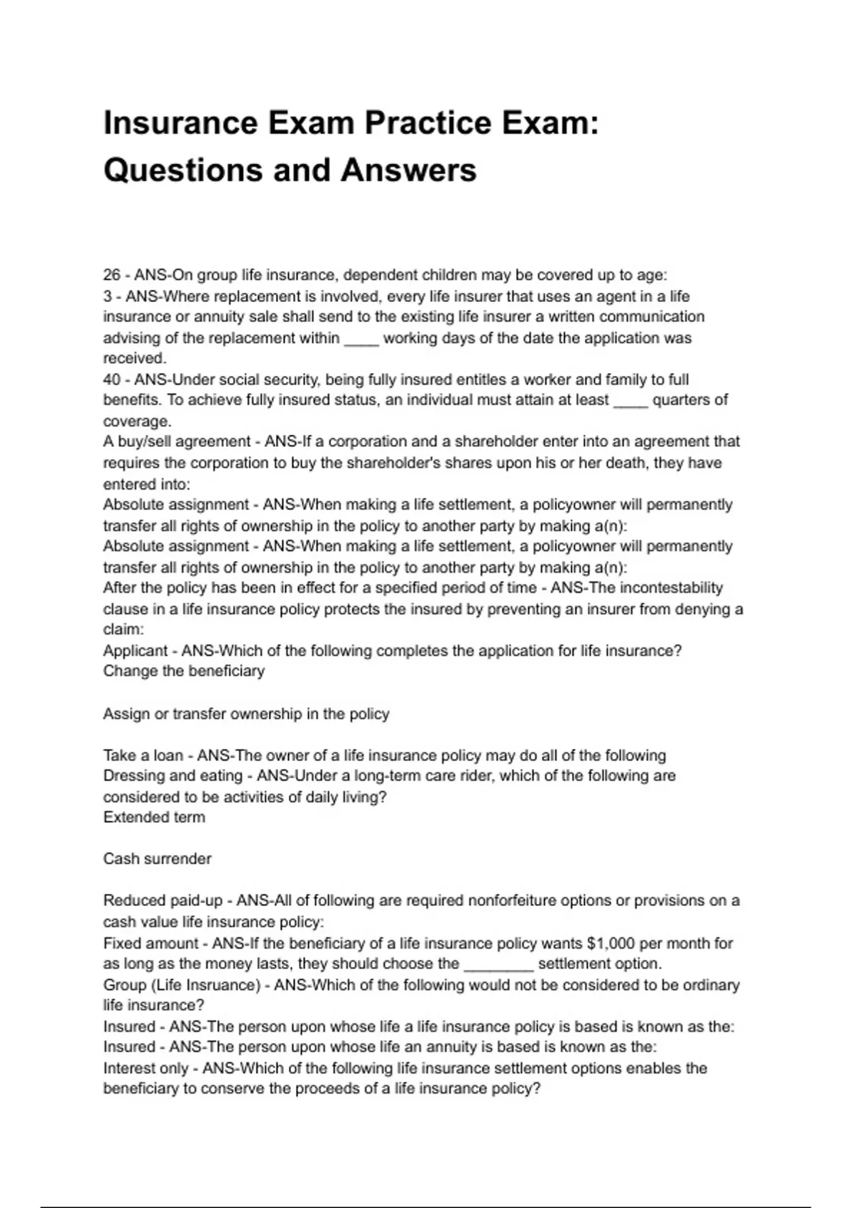 Insurance Exam Practice Exam: Questions and Answers QUESTIONS AND ...