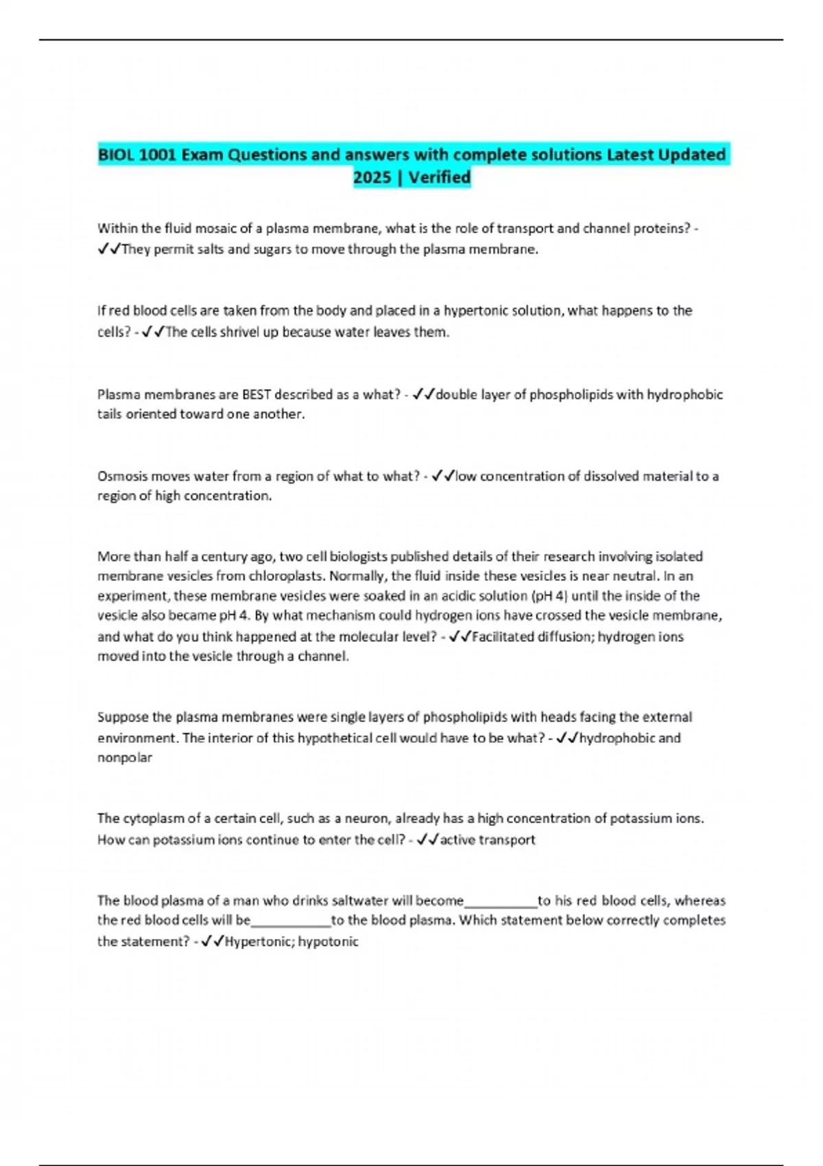 BIOL 1001 Exam Questions and answers with complete solutions Latest ...