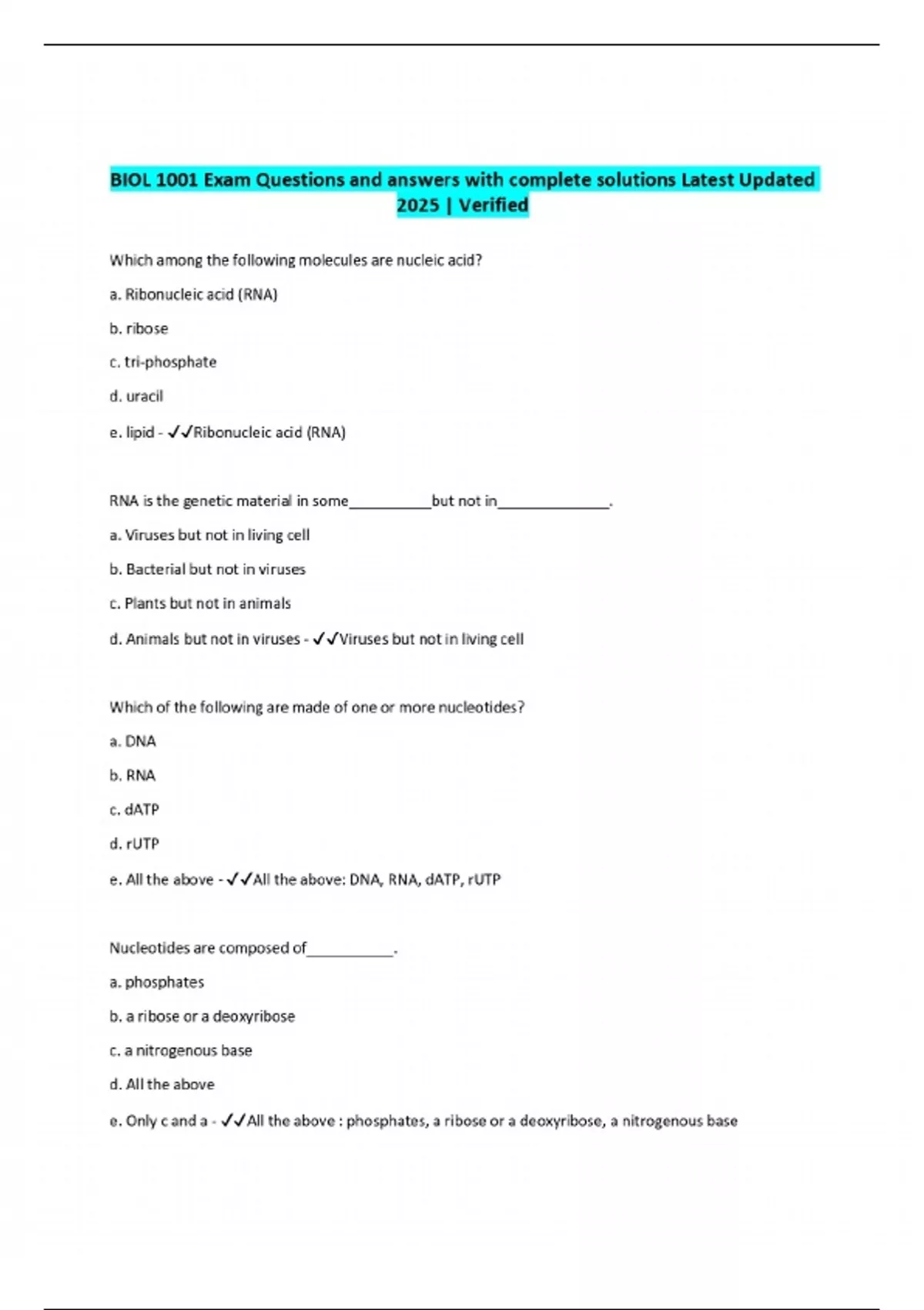 BIOL 1001 Exam Questions and answers with complete solutions Latest ...