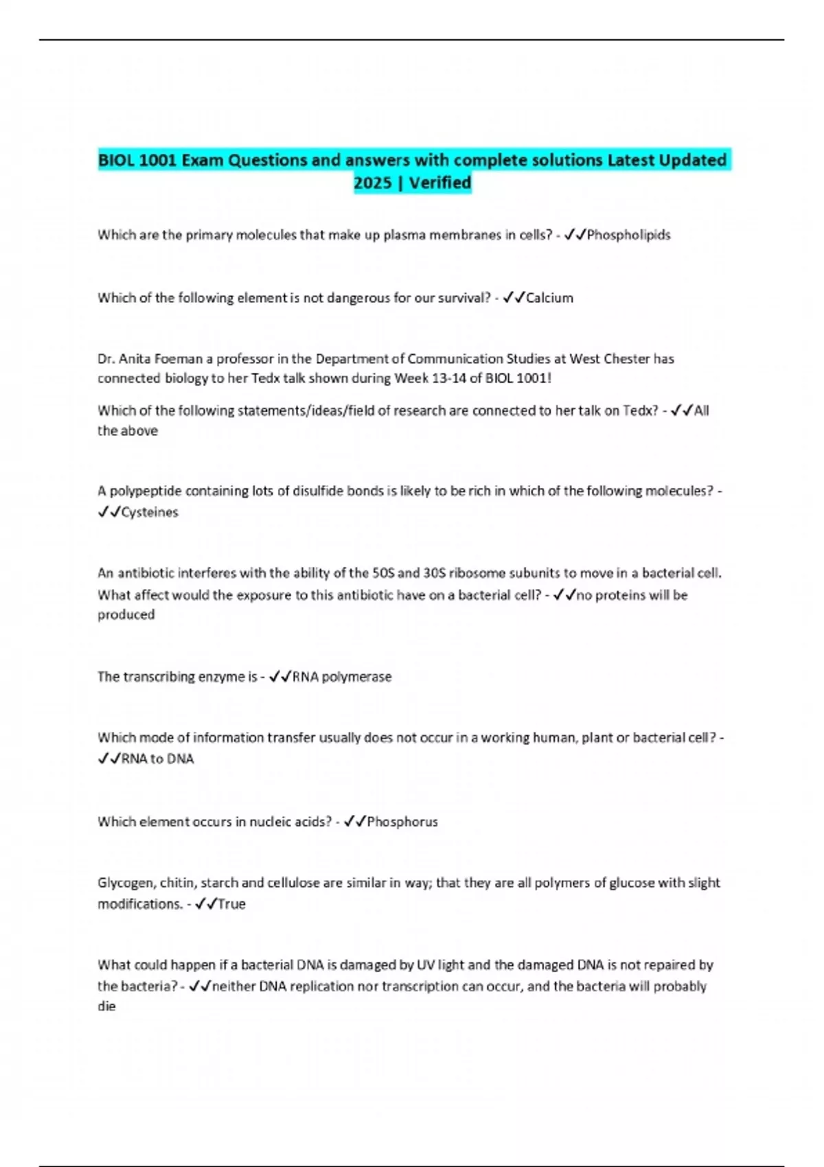 BIOL 1001 Exam Questions and answers with complete solutions Latest ...