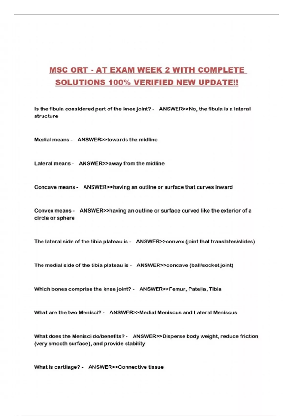 MSC ORT - AT EXAM WEEK 2 WITH COMPLETE SOLUTIONS 100% VERIFIED NEW ...