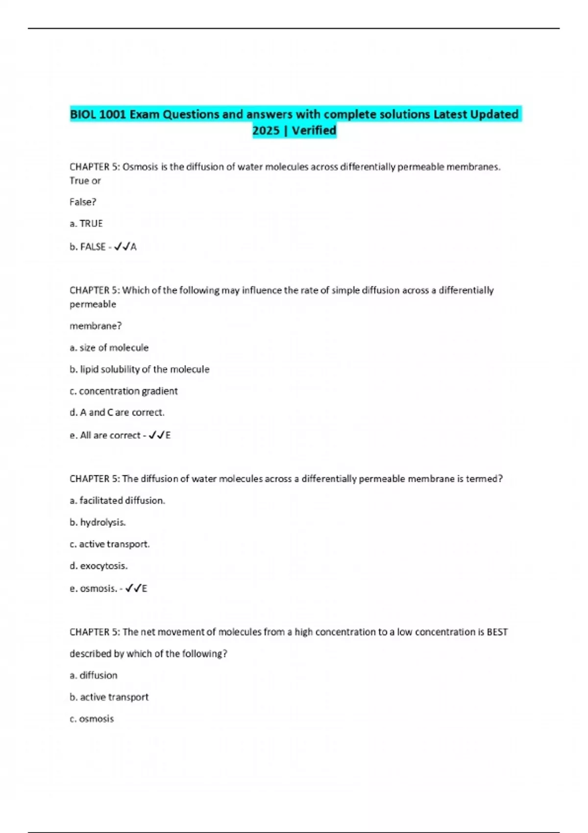 BIOL 1001 Exam Questions and answers with complete solutions Latest ...
