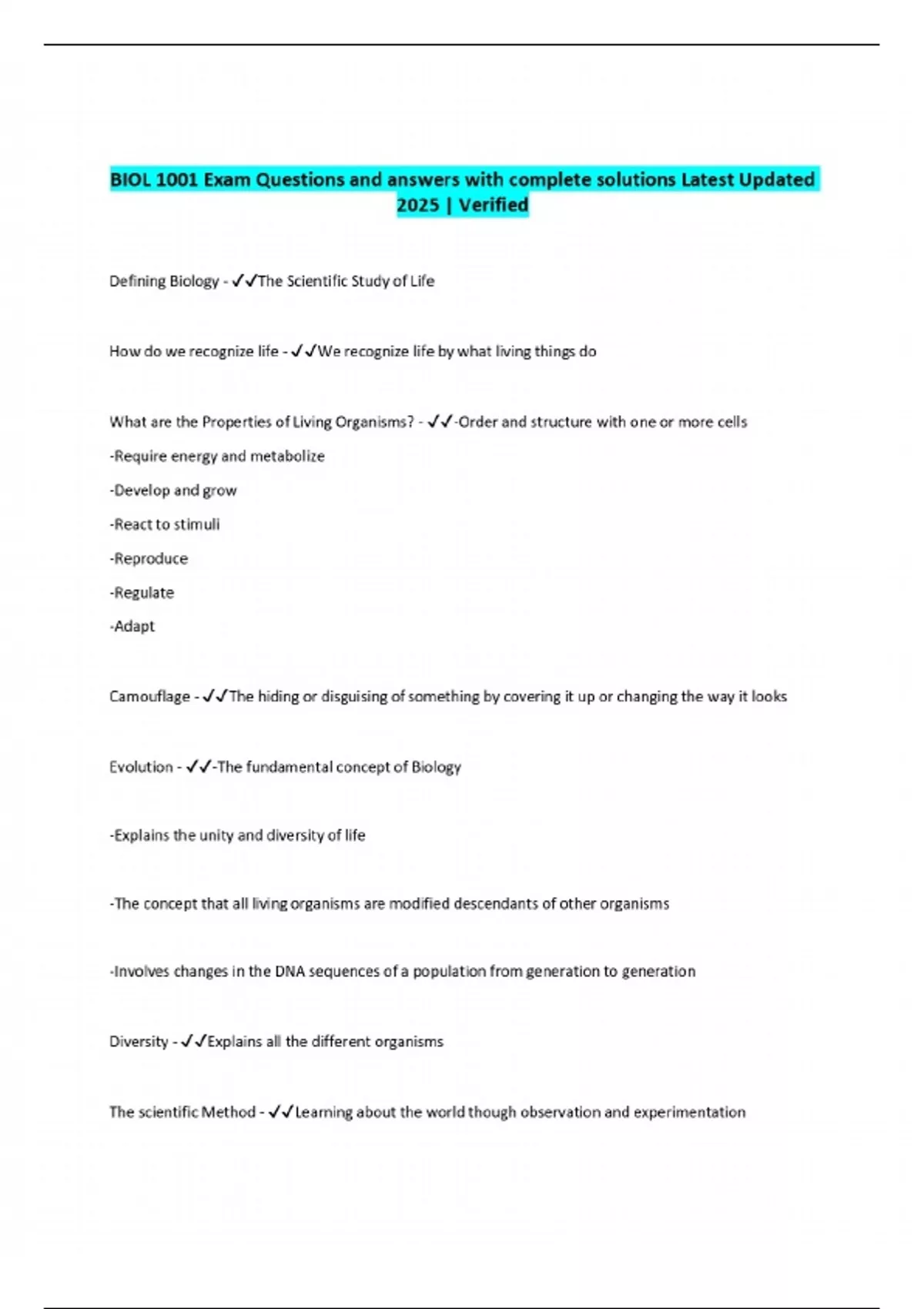 BIOL 1001 Exam Questions and answers with complete solutions Latest ...