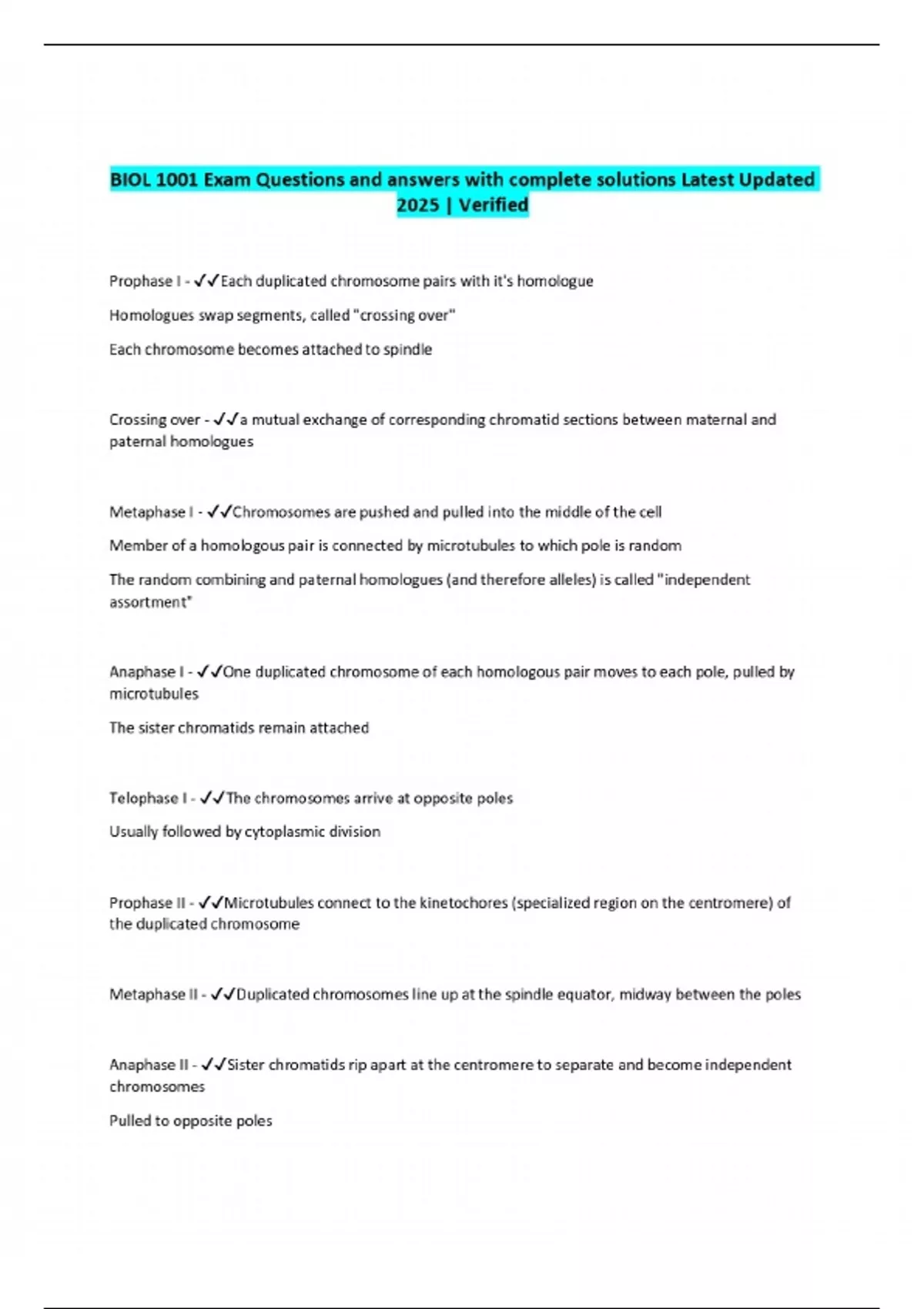 BIOL 1001 Exam Questions and answers with complete solutions Latest ...