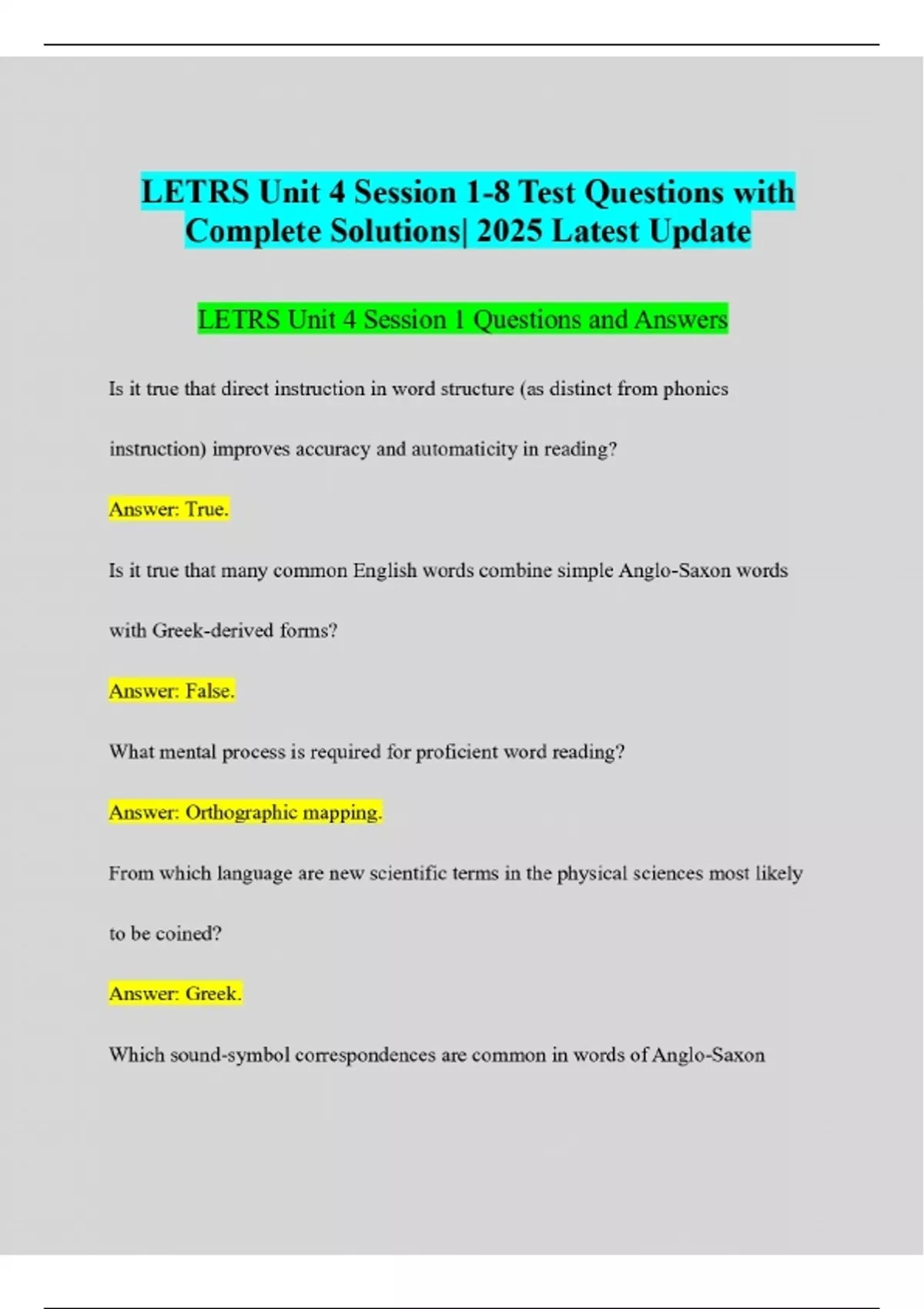LETRS Unit 4 Session 1-8 Test Questions with Complete Solutions| 2025 ...