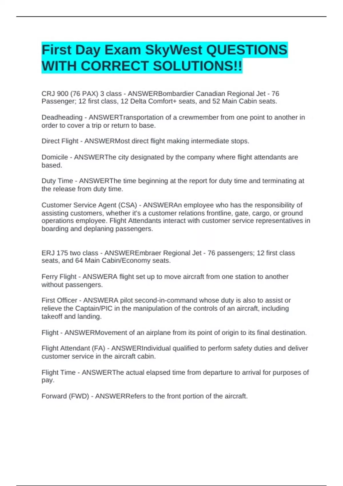 First Day Exam SkyWest QUESTIONS WITH CORRECT SOLUTIONS!! - First Day ...