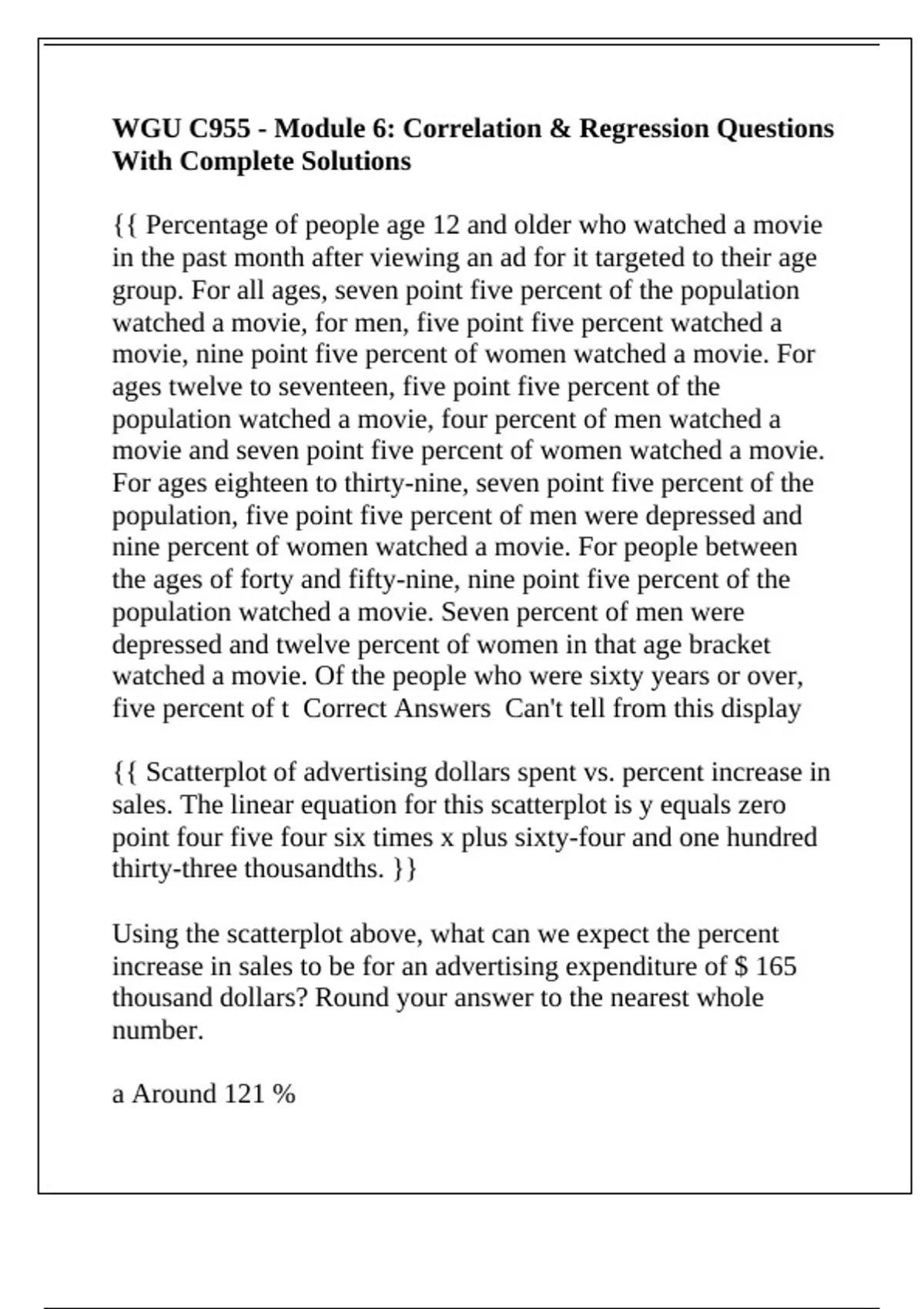 WGU C955 - Module 6: Correlation & Regression Questions With Complete Solutions - WGU C955 ...