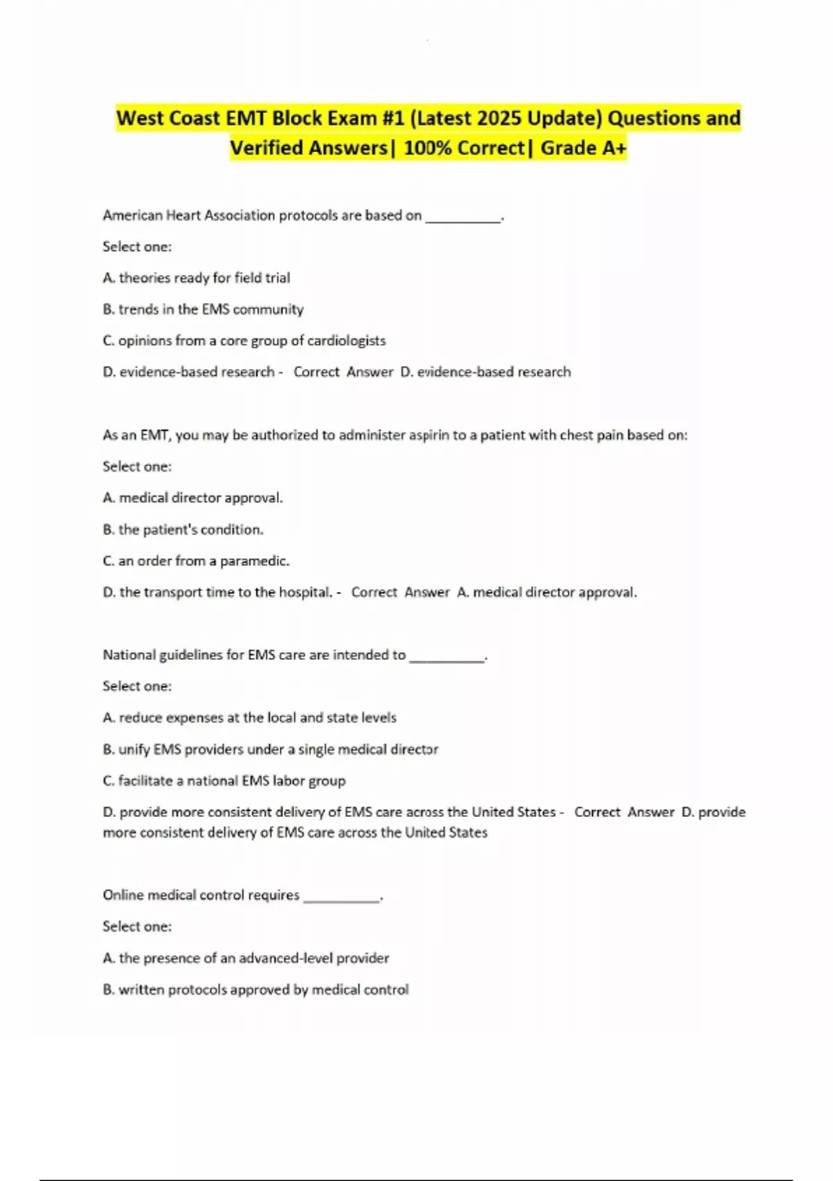 West Coast EMT Block Exam #1 (Latest 2025 Update) Questions and ...