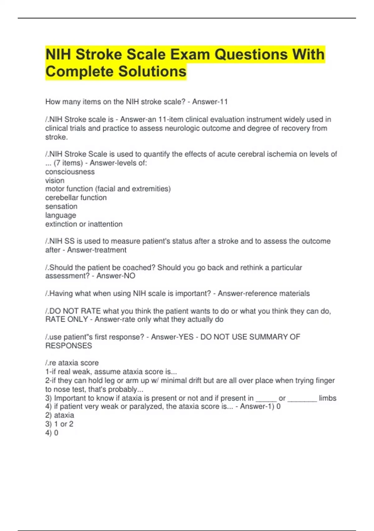 NIH Stroke Scale Exam Questions With Complete Solutions - NIH stroke ...